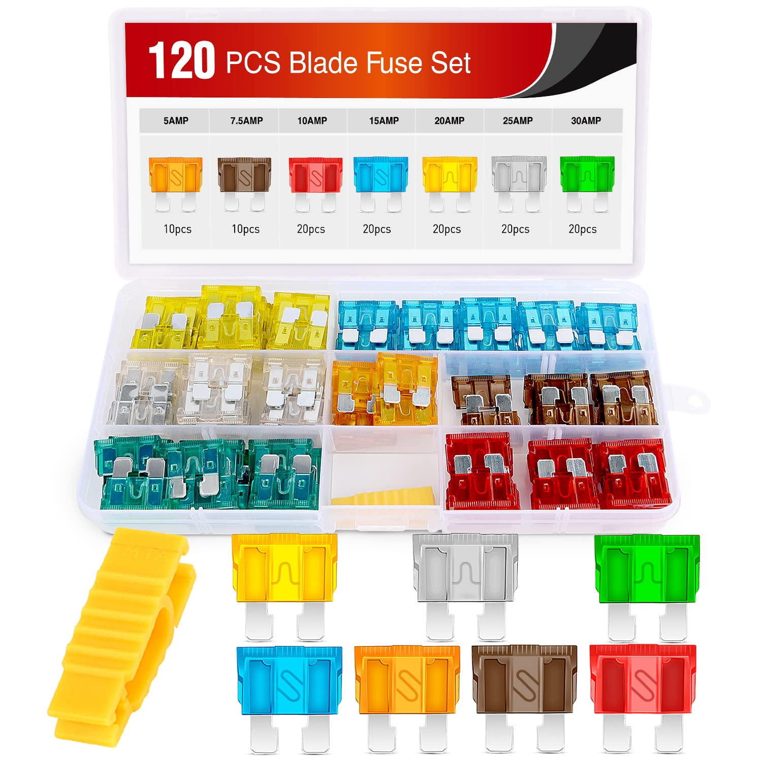 Nilight 120 pcs Fuse Assortment Kit, 5-30 AMP Blade Fuses with Puller ...