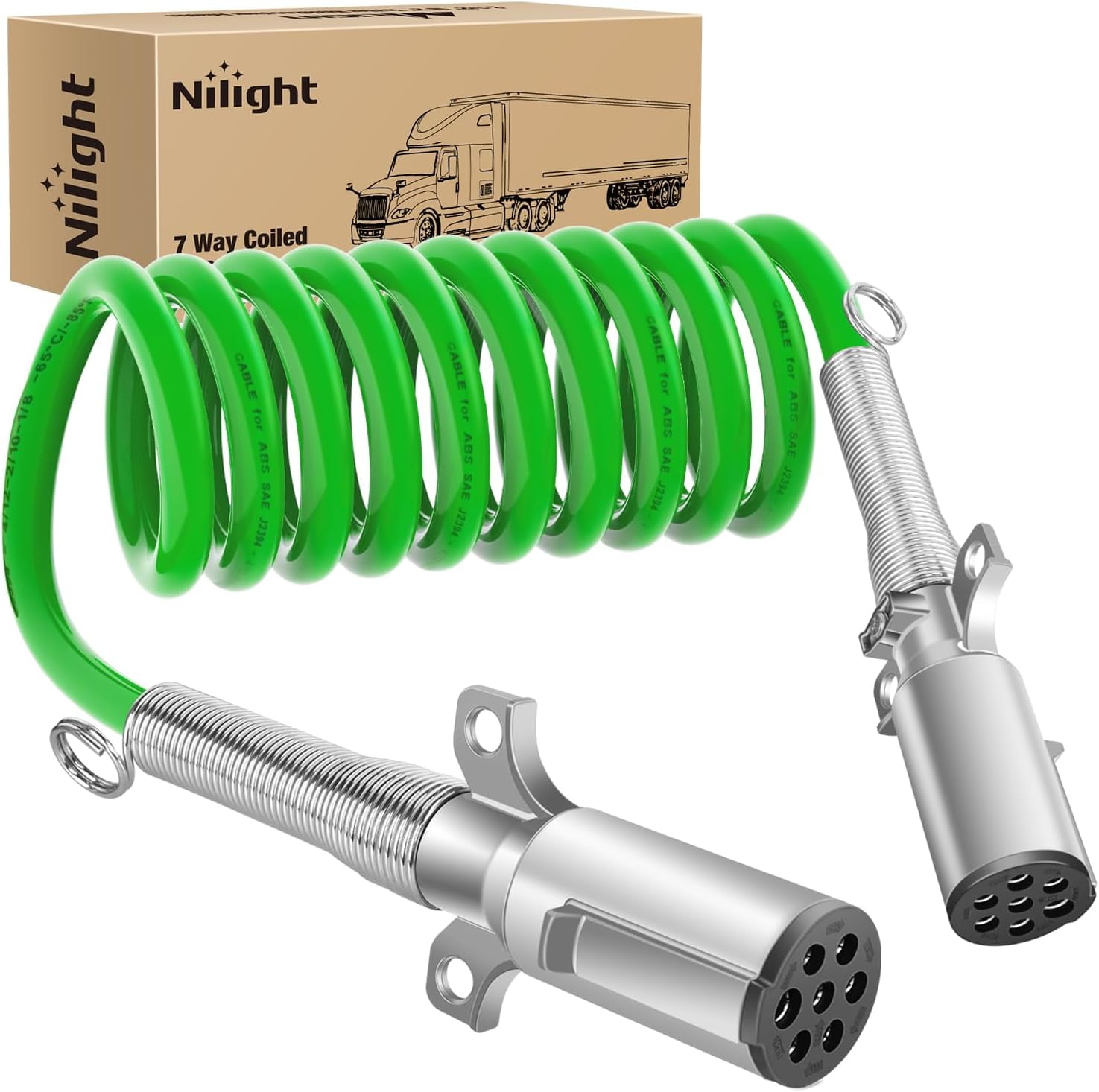 Nilight 12FT 7 Way Coiled ABS Cord Heavey Duty Zinc Die Cast Plug Green ...