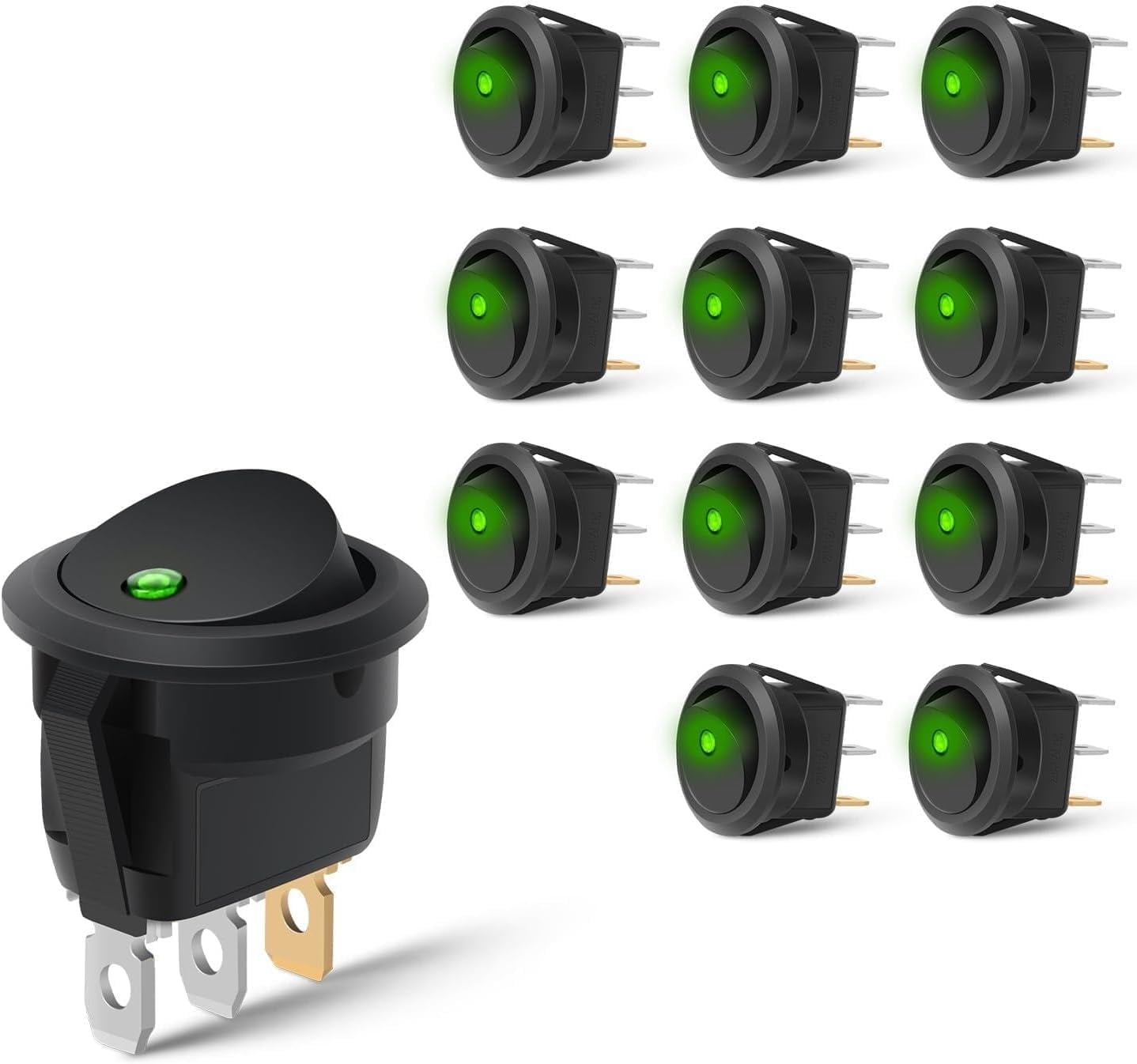 Nilight 12PCS Round Rocker Switches with Green LED, SPST 3 Pin 20A 12V ...