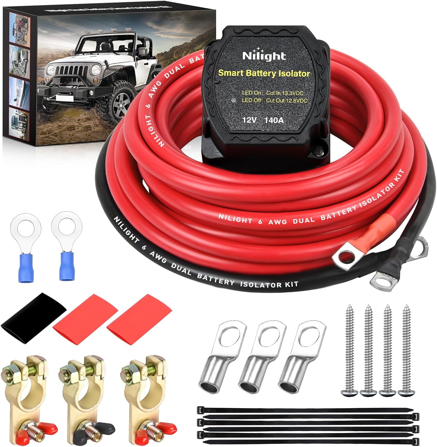 Nilight 12V 140AMP Dual Battery Isolator Kit with 6 AWG Power Cable ...
