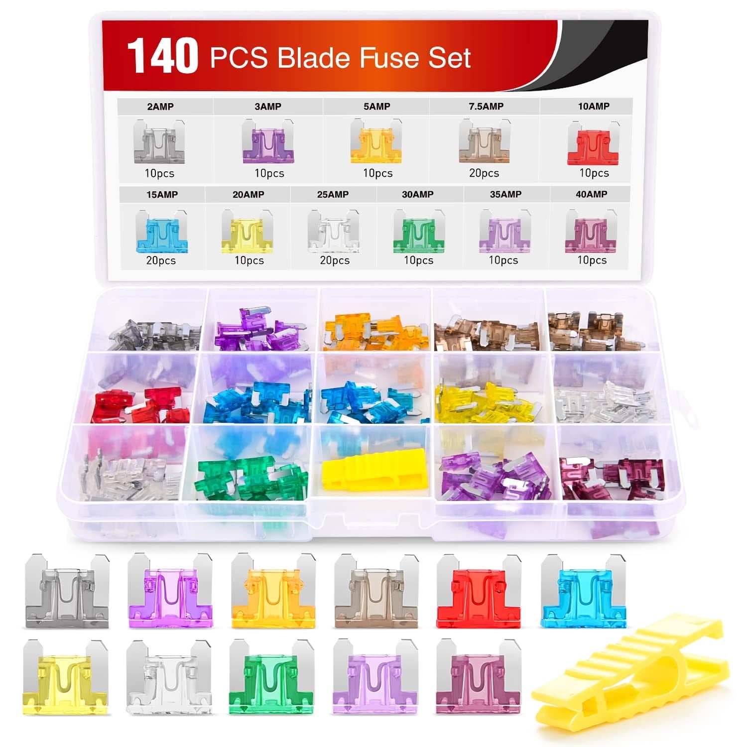 Nilight 140Pcs Low Profile Mini Blade Fuse Assortment, 2A 3A 5A 7.5A 10A 15A 20A 25A 30A 35A 40A ...