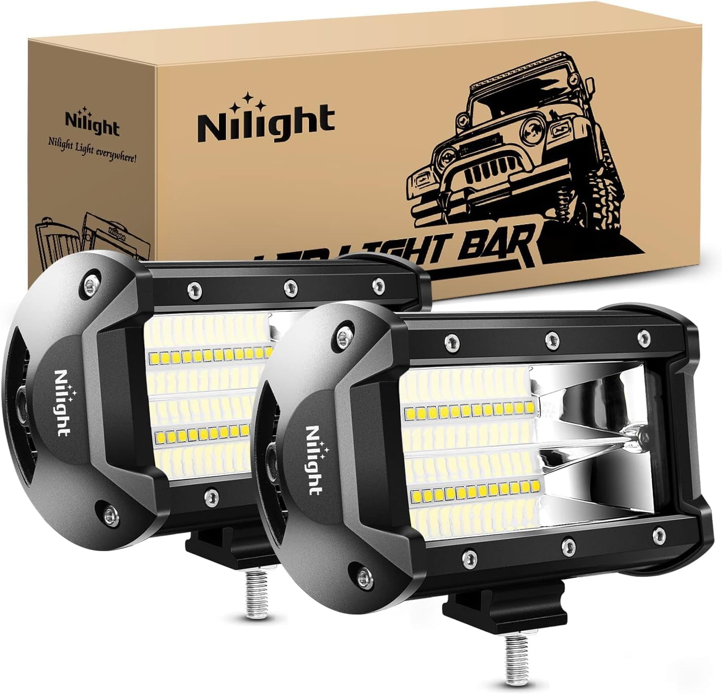 Nilight 18001F-B 2PCS 5Inch RRF12 72W Double Row Flood Bar 10800Lumens ...