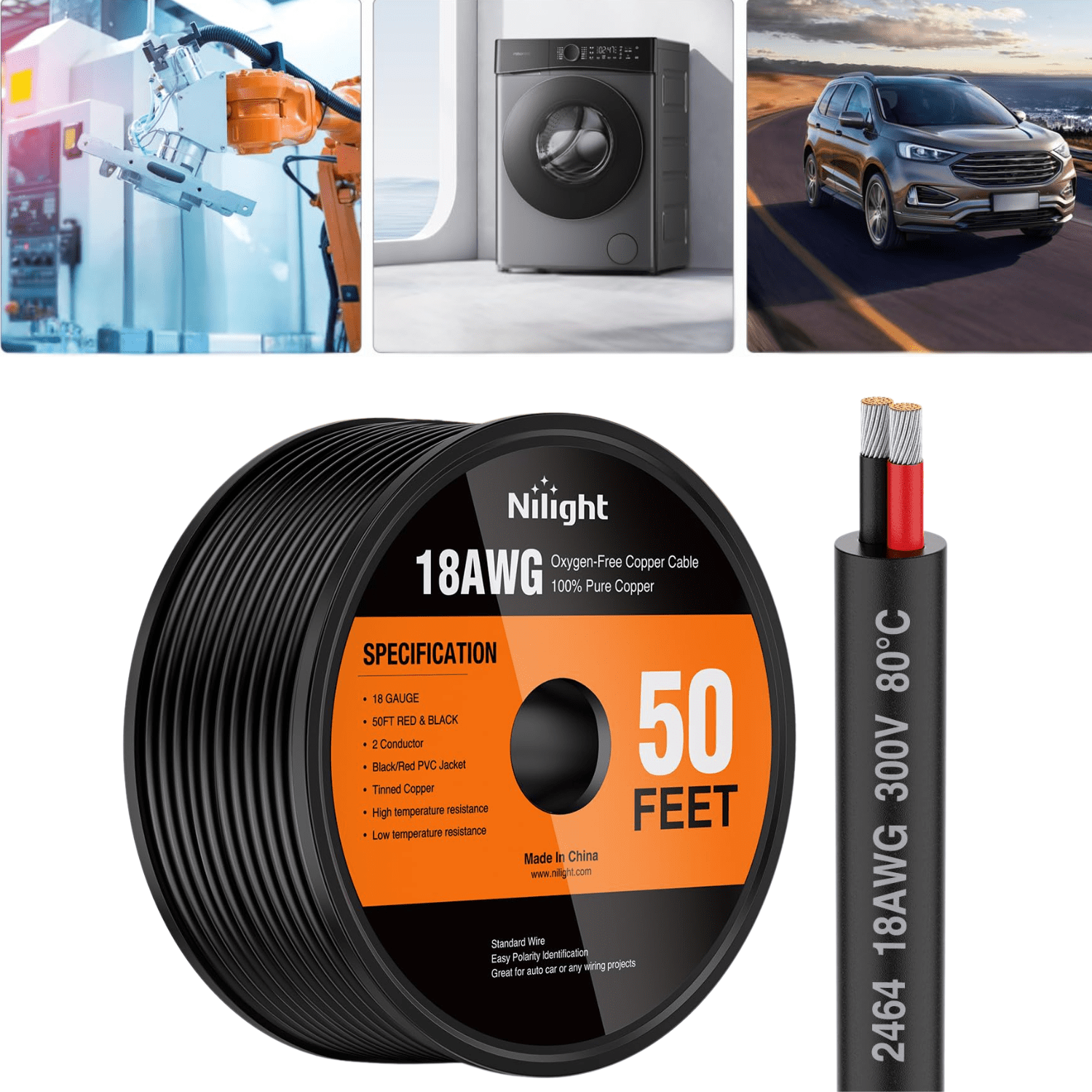 Nilight 18AWG Oxygen-Free Copper Electrical Wire Red Black 50FT Each, 2 ...