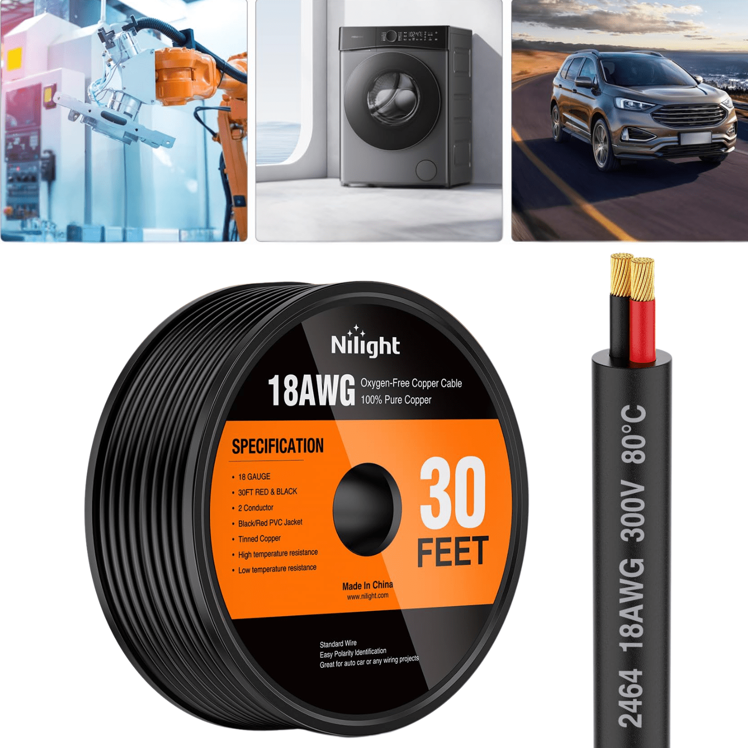 Nilight 18AWG Red Black OFC Electrical Wire 30FT Each, 2 Conductor ...