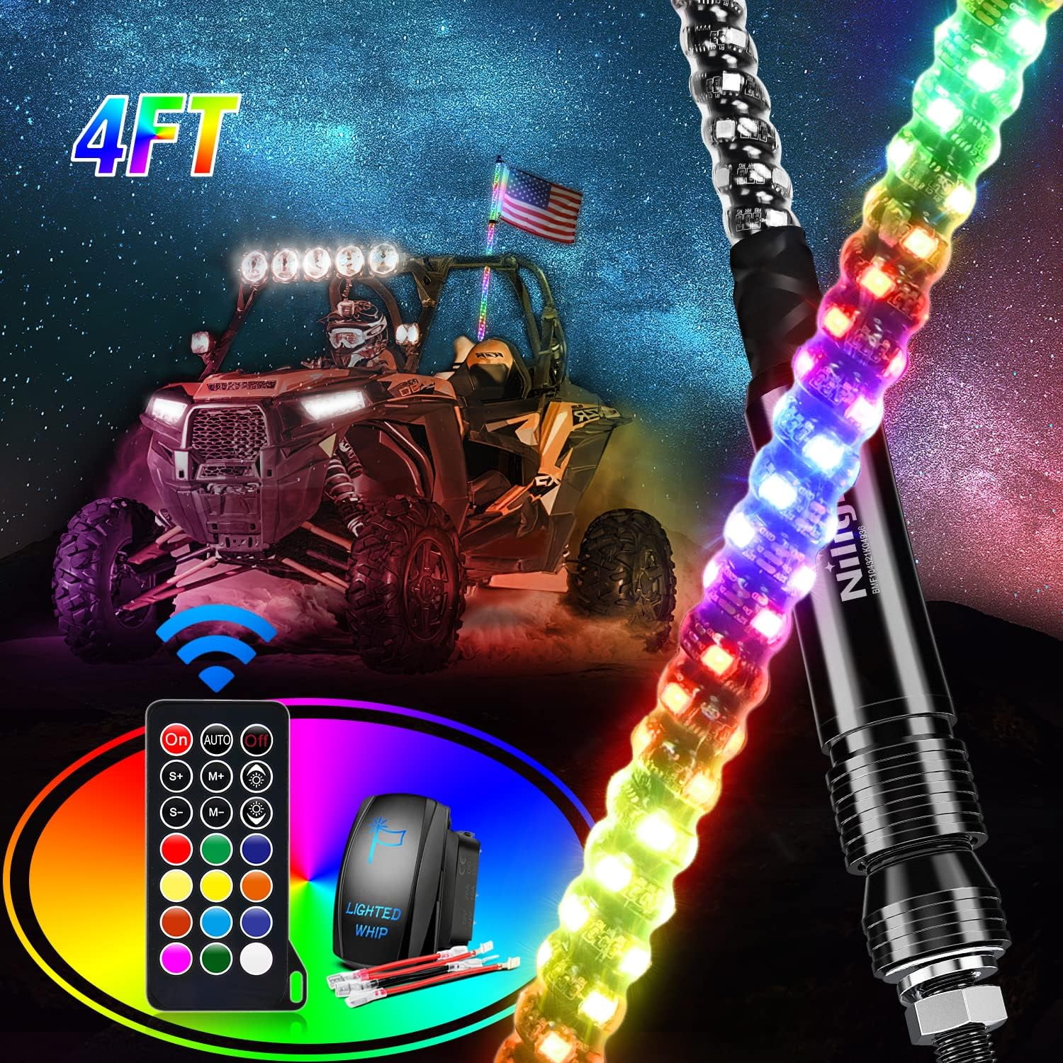 Nilight 1PC 4FT Spiral RGB Led Whip Light w/RGB Chasing/Dancing Light ...
