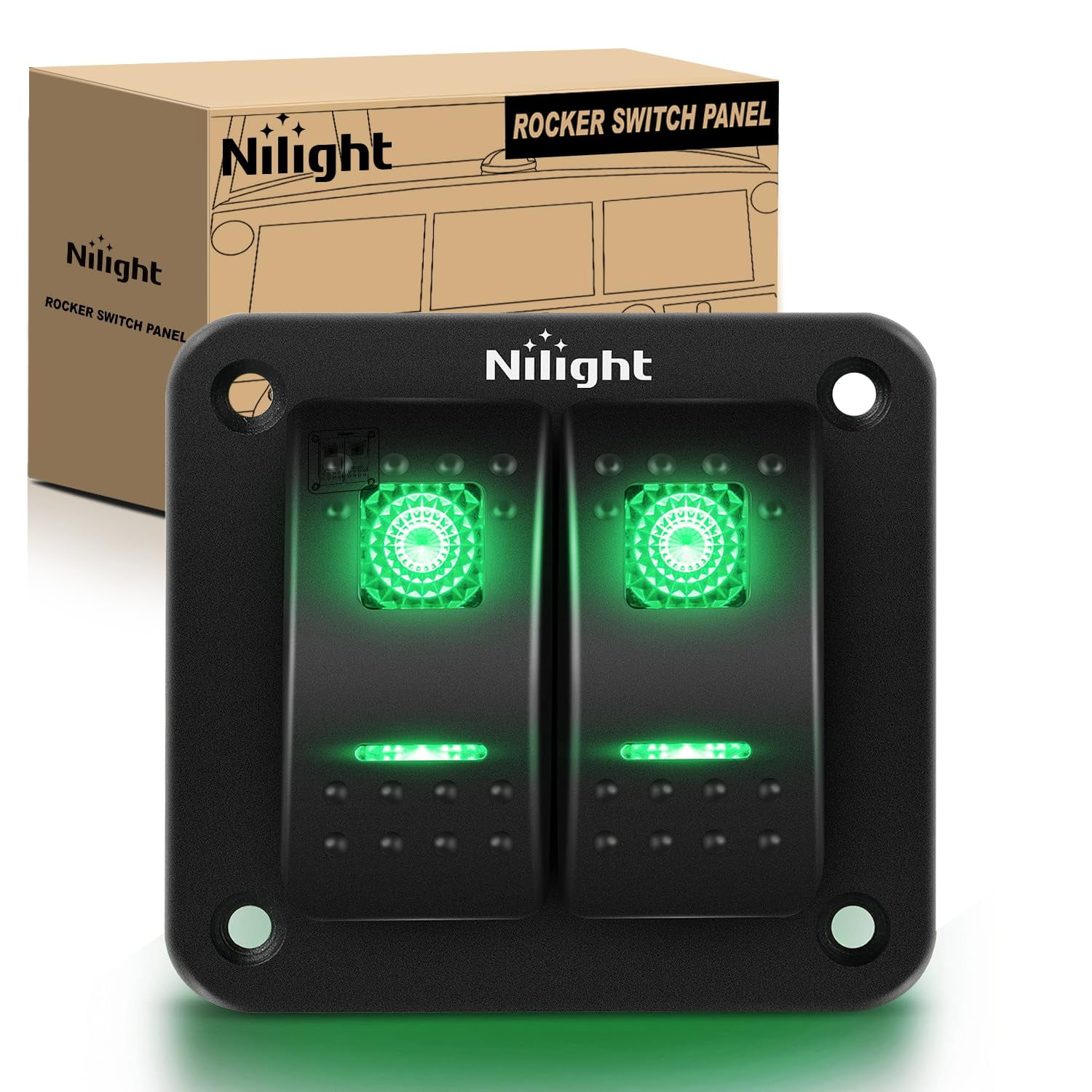 Nilight 2 Gang Rocker Switch Panel 12V 24V DC Green Switches Aluminum ...