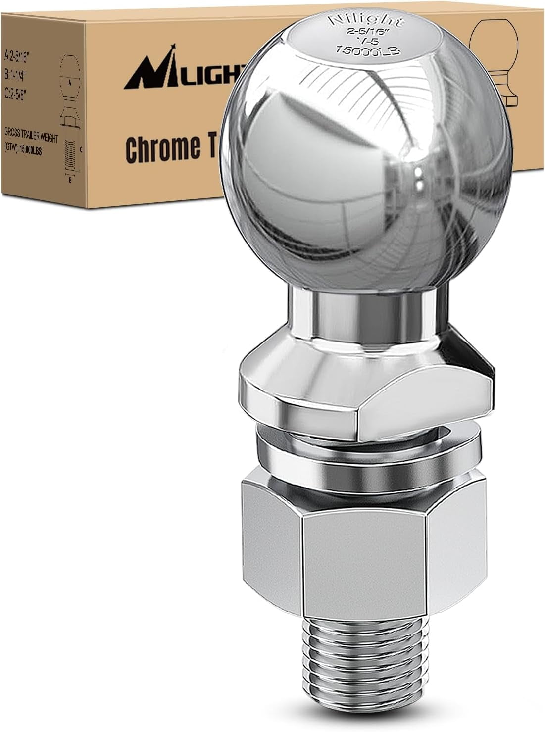 Nilight 2-Inch Diameter Chrome Trailer Hitch Ball, 10,000 lbs, 1-1/4 x ...
