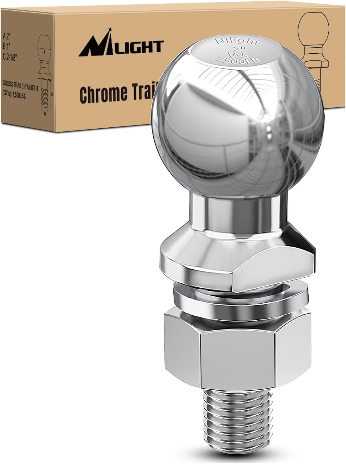 Nilight 2-Inch Diameter Chrome Trailer Hitch Ball, 3,500 lbs, 3/4 x 1-3 ...