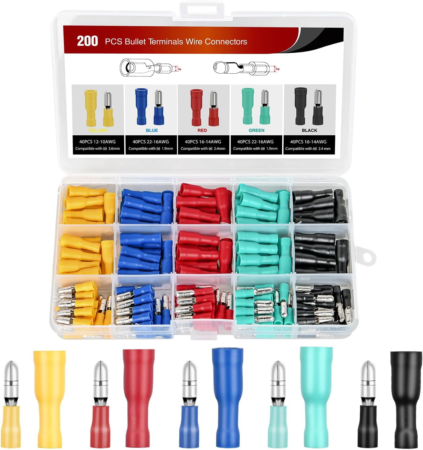 Nilight 200Pcs Bullet Terminals Wire connectors AWG 22-10 Female & Male ...