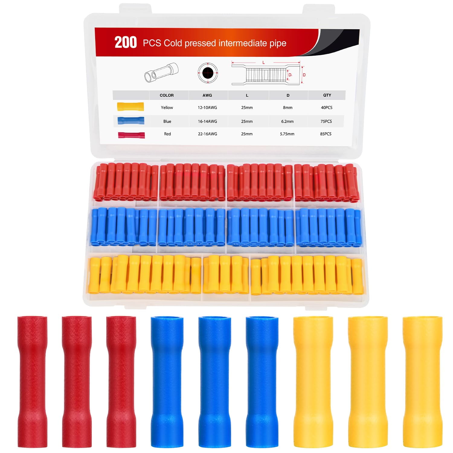 Nilight 200Pcs Electrical Butt Connectors AWG 22-10 Insulated ...