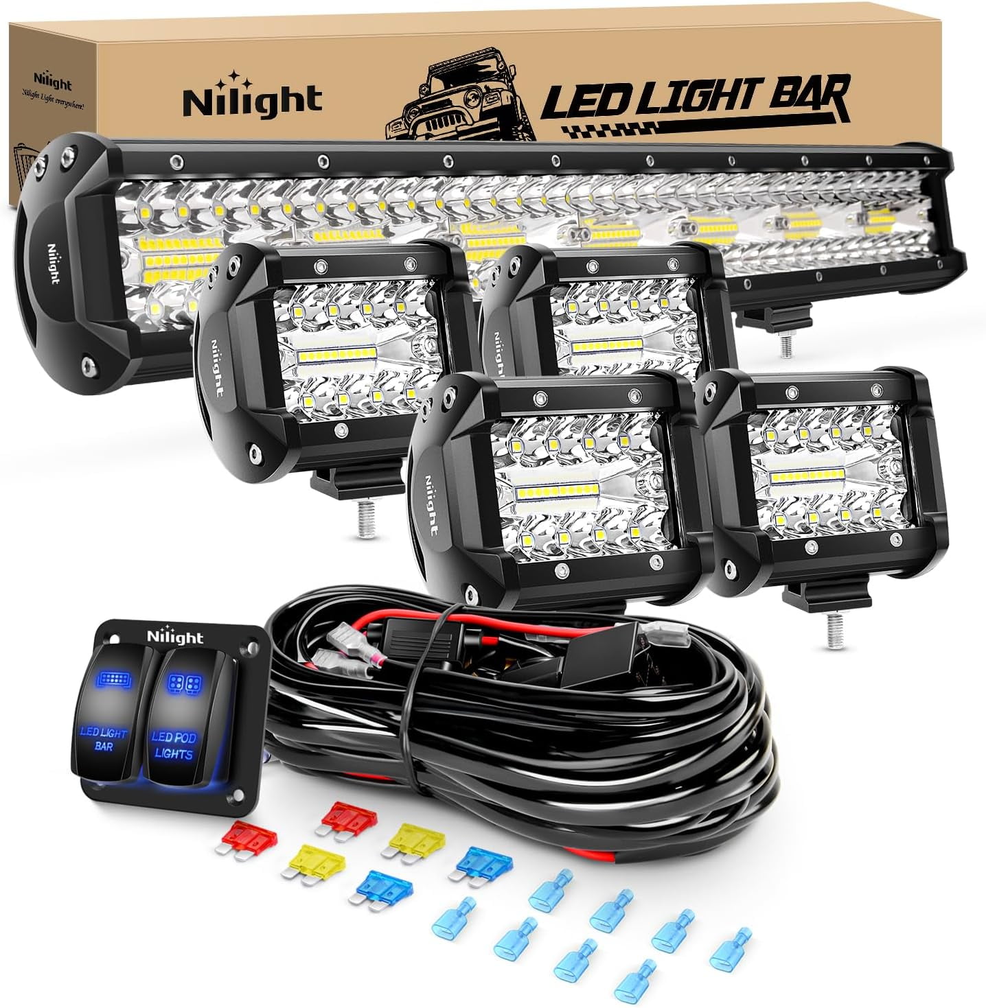 Nilight 20inch 420W Triple Row Spot Flood Combo Work Driving Lamp 4Pcs 4iInch 60W Cube Led Pods ...