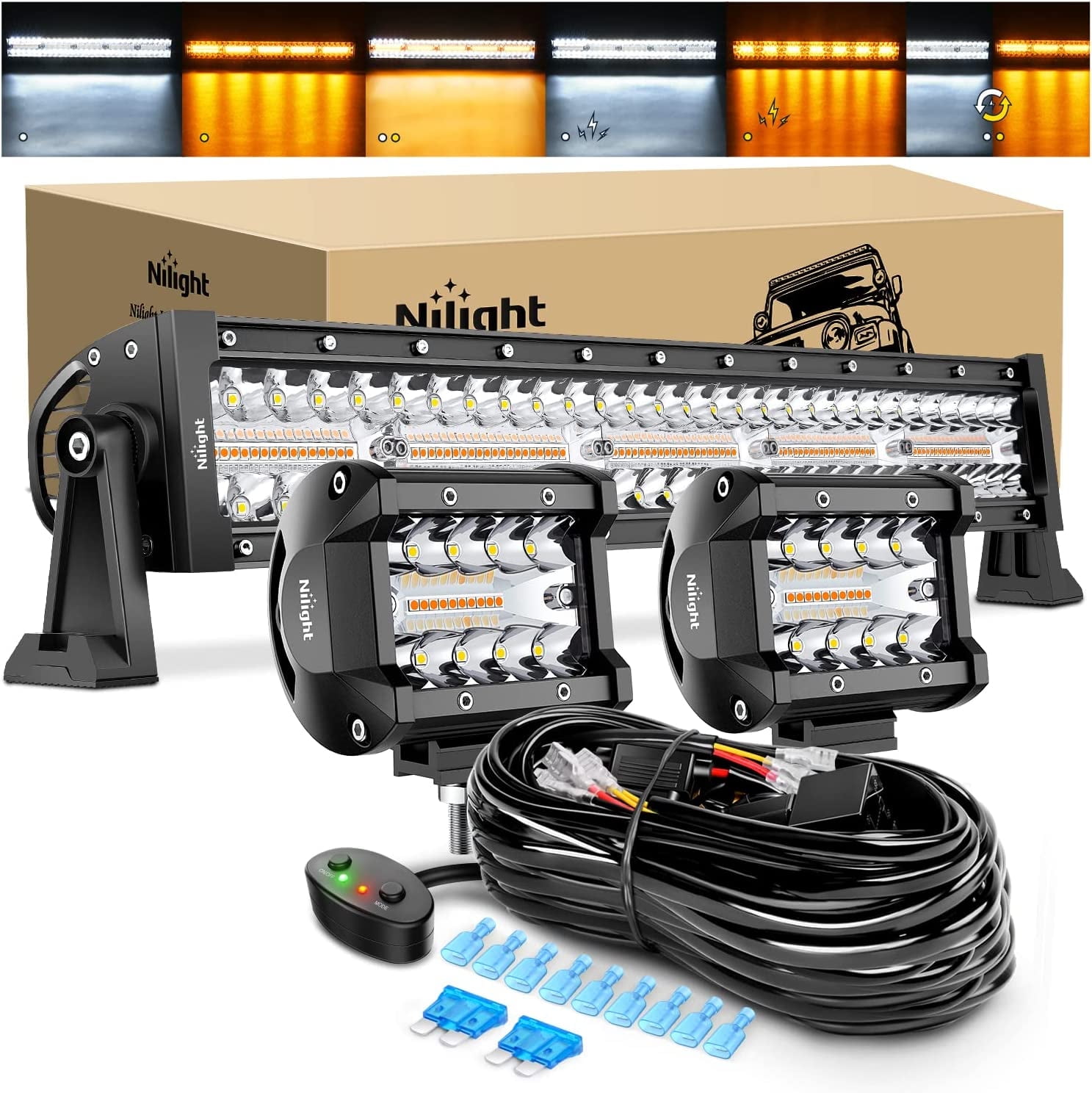 Nilight 22Inch 480W LED Light Bar 2PCS 4Inch 60W Light Pods Amber White ...