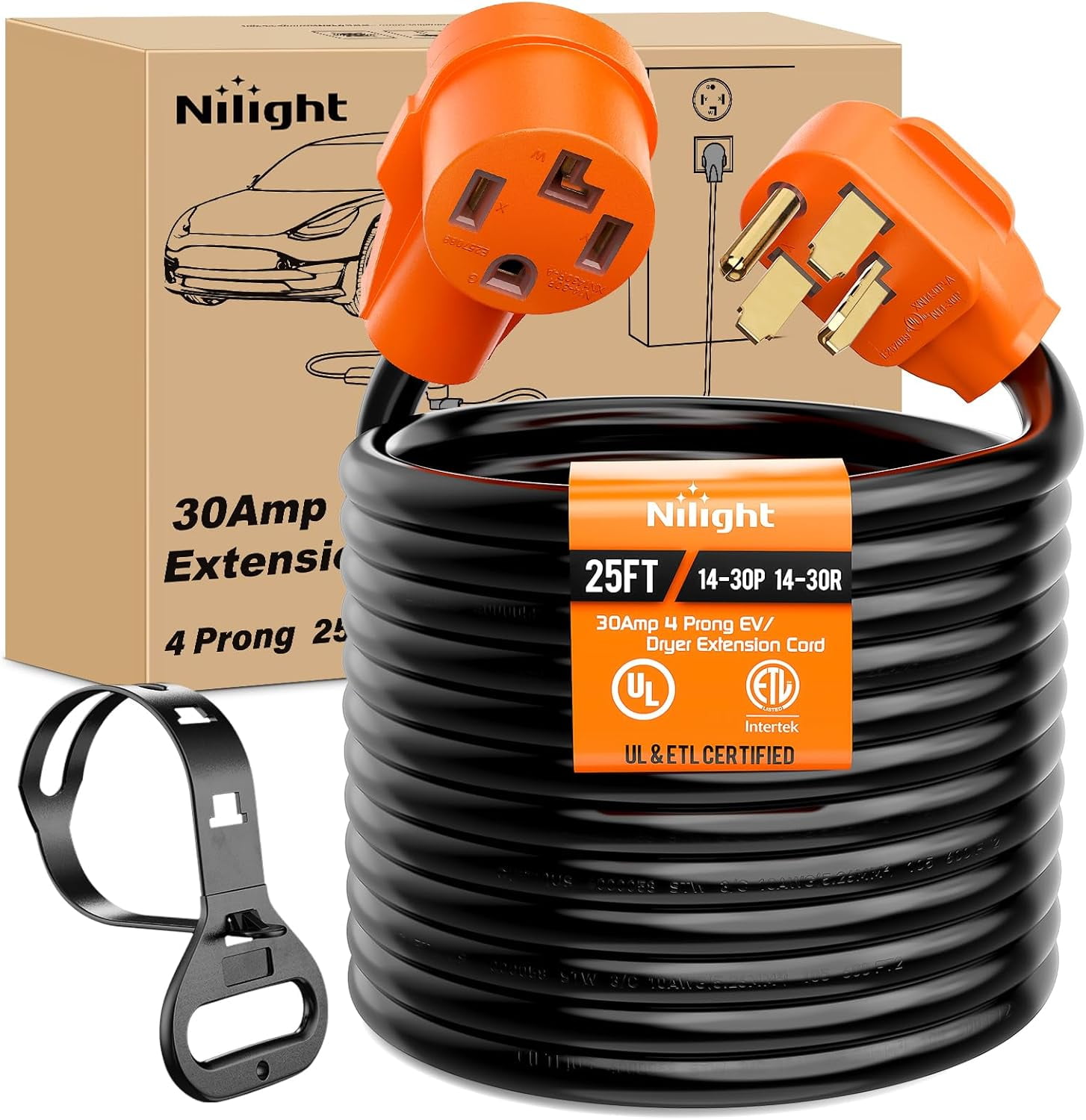 Nilight 25FT EV Dryer Extension Cord 4 Prong 30 Amp NEMA 14-30P 14-30R ...