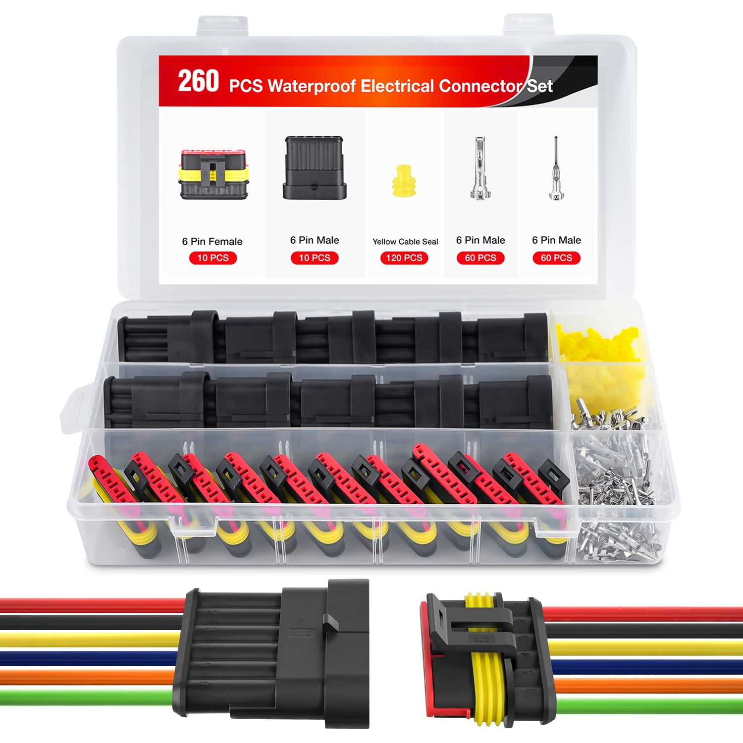 Nilight 260PCS 6 Pin Electrical Connector ‎Plug Male Female Terminal ...