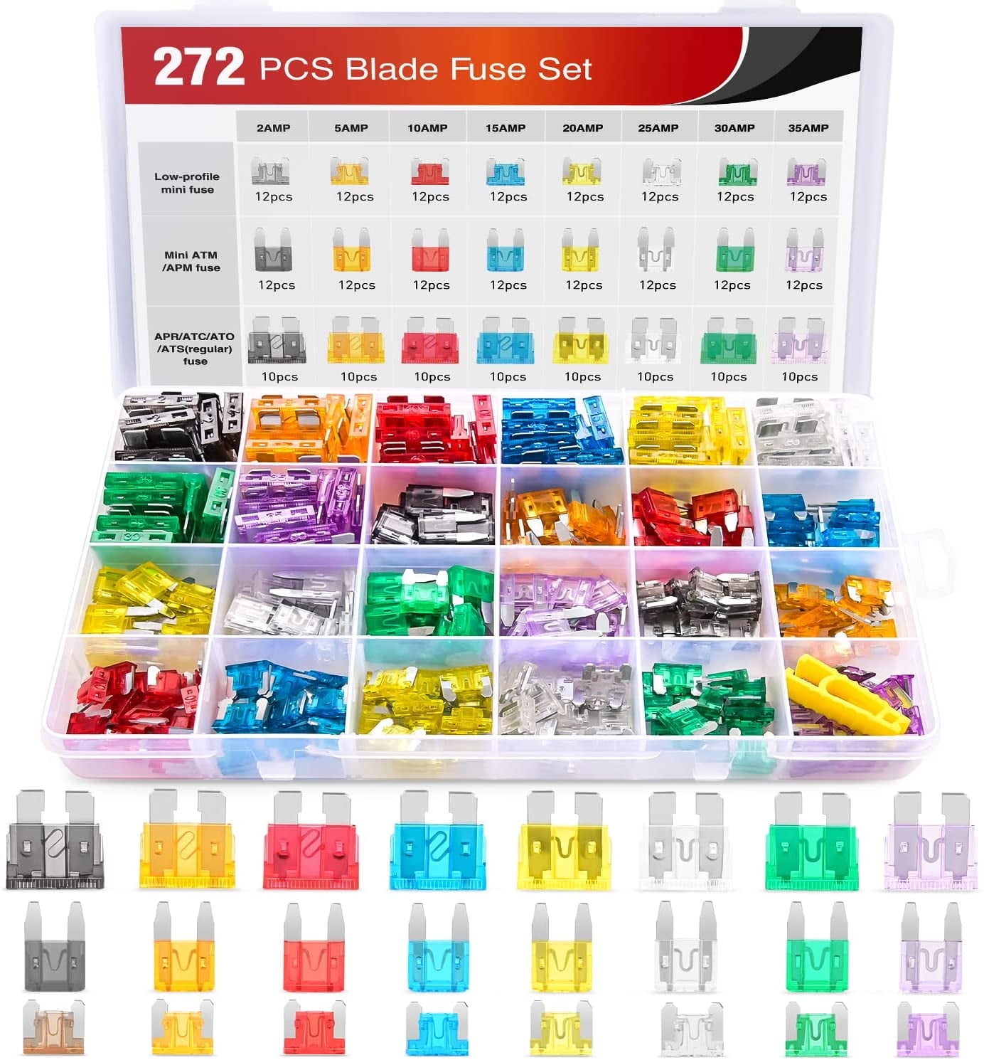 Nilight 272Pcs Standard & Mini & Low Profile Mini Blade Fuse Assortment, 2A 5A 10A 15A 20A 25A ...