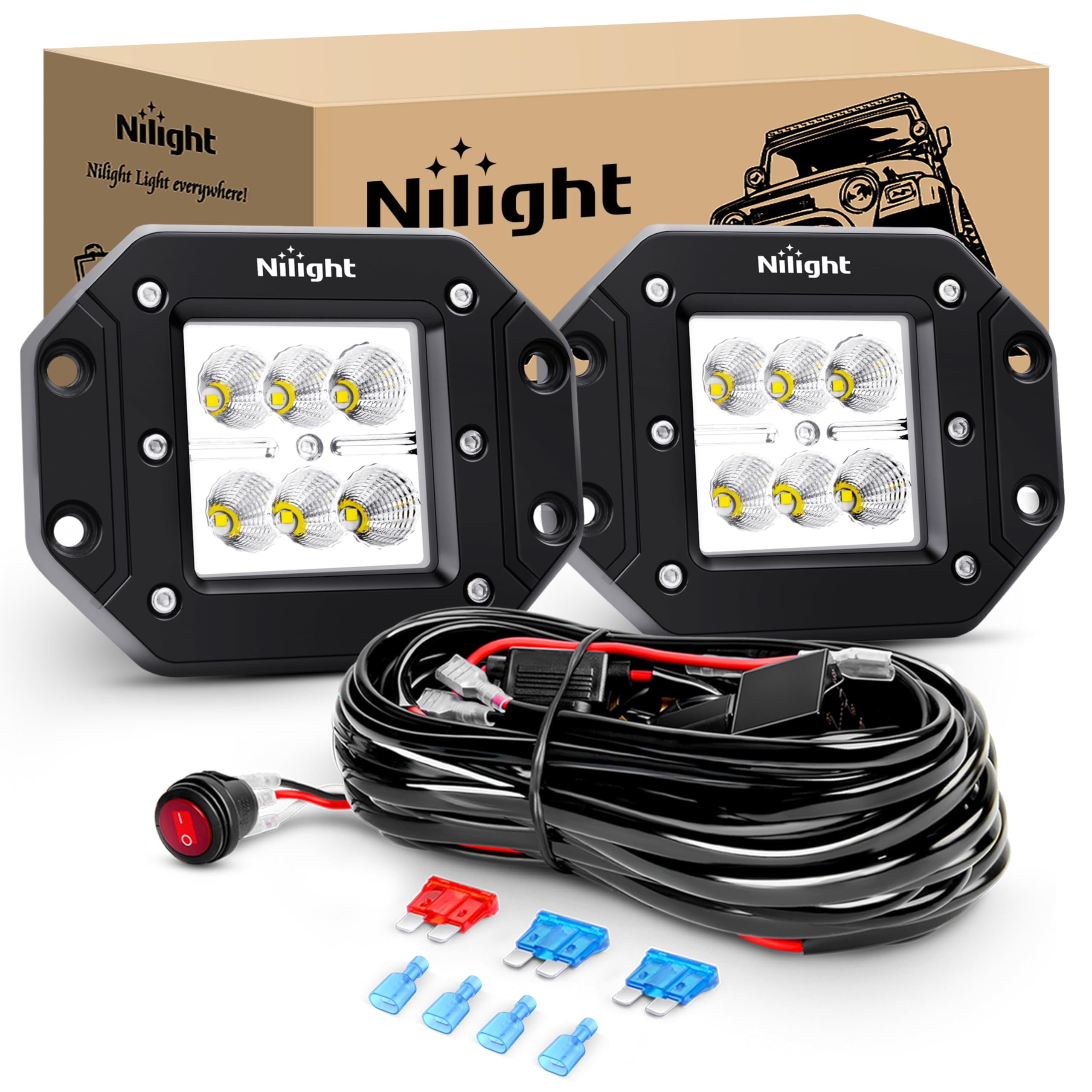 Nilight 2PCS 18W Flood Flush Mount LED Work Light Fog Lights Off Road ...