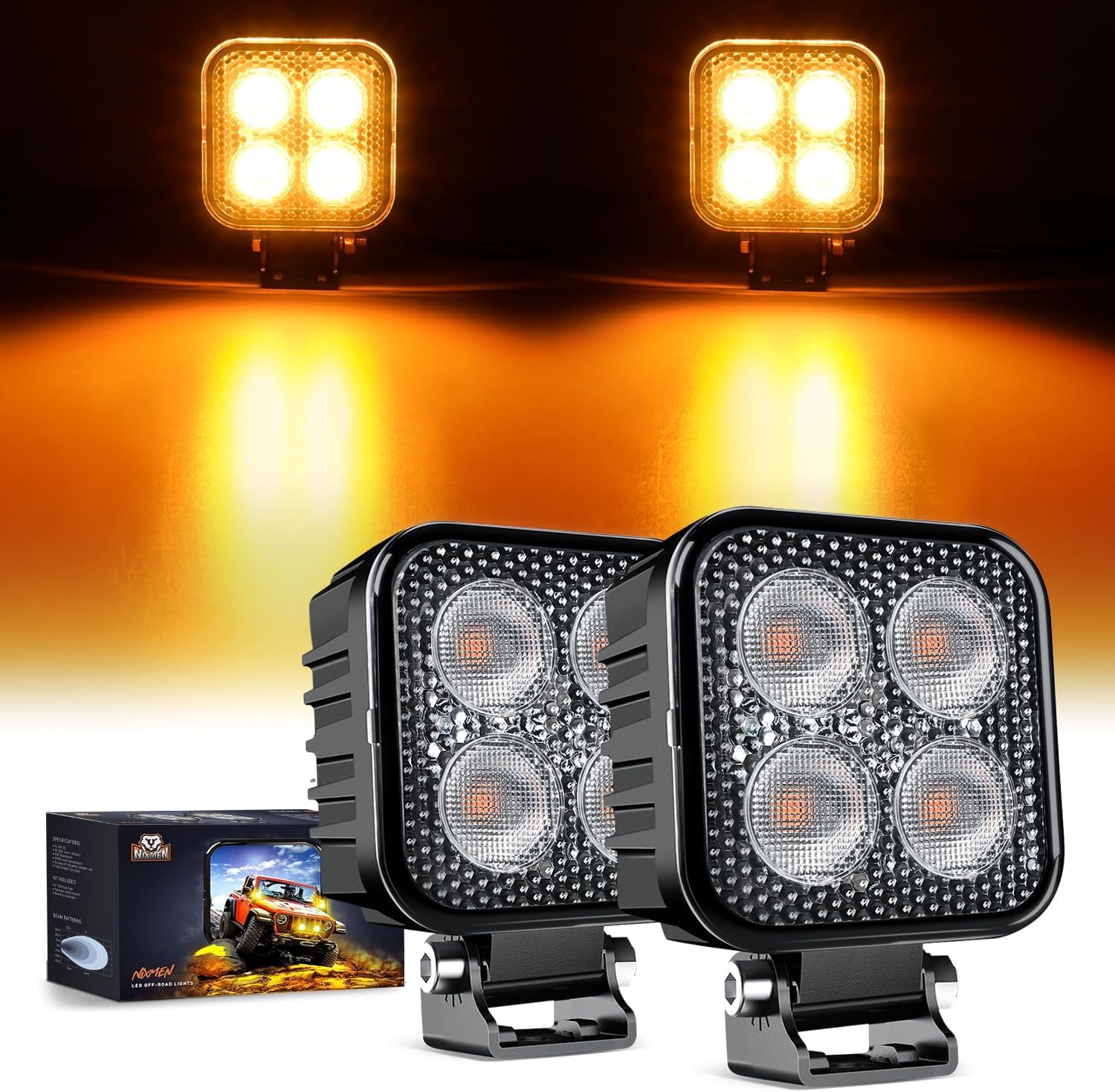 Nilight 2PCS 3Inch 15W Amber LED Pods Square Built-in EMC Work Light 90 ...
