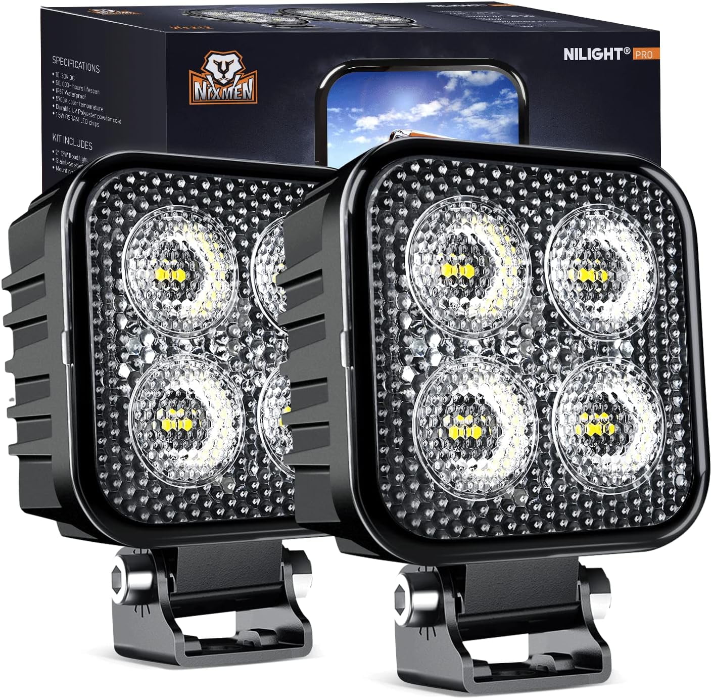 Nilight 2PCS 3Inch Led Pods Square 1500LM Built-in EMC Work Light 90 ...