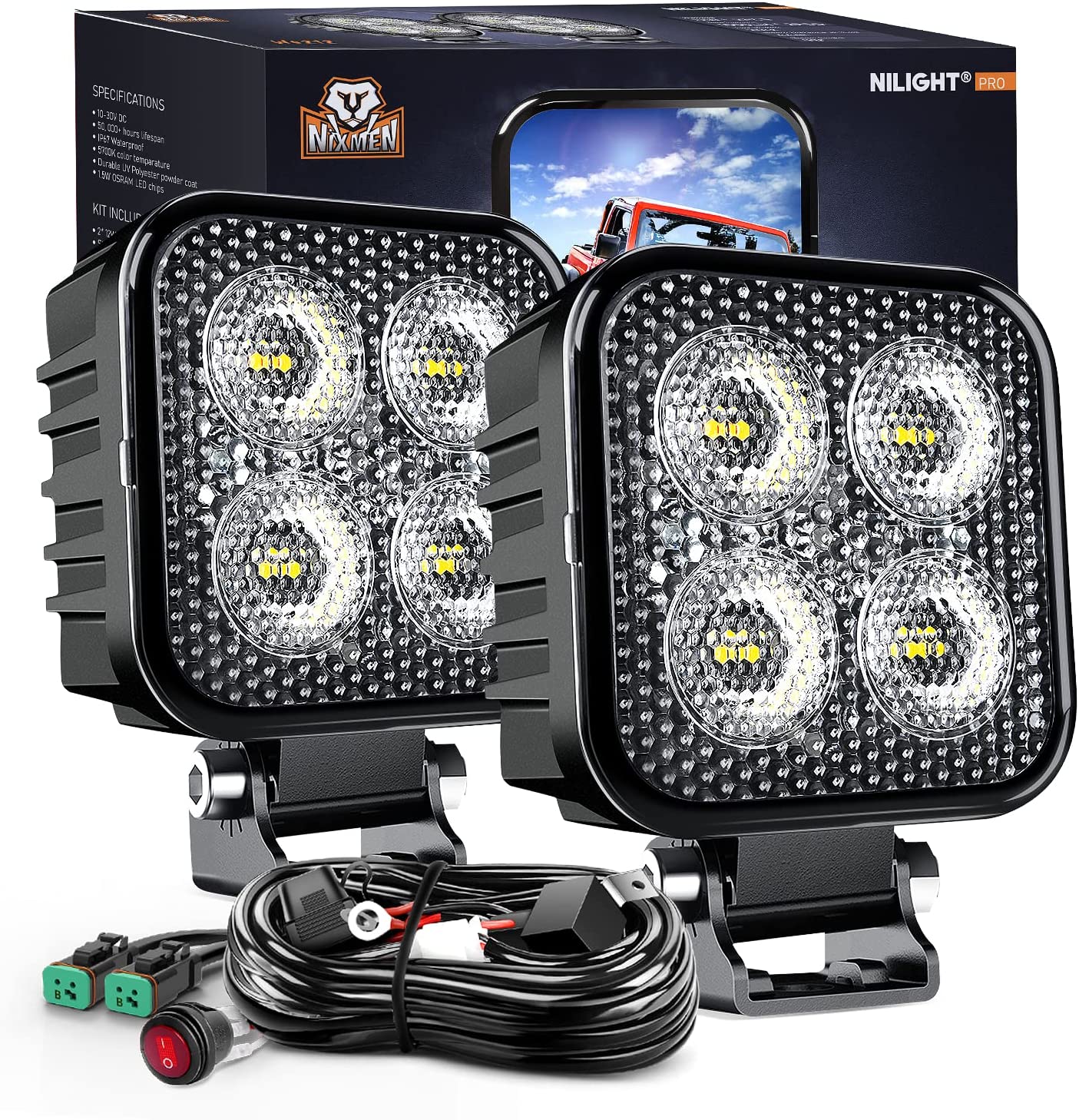 Nilight 2PCS 3Inch Led Pods Square 1500LM Built-in EMC Work Light 90 ...