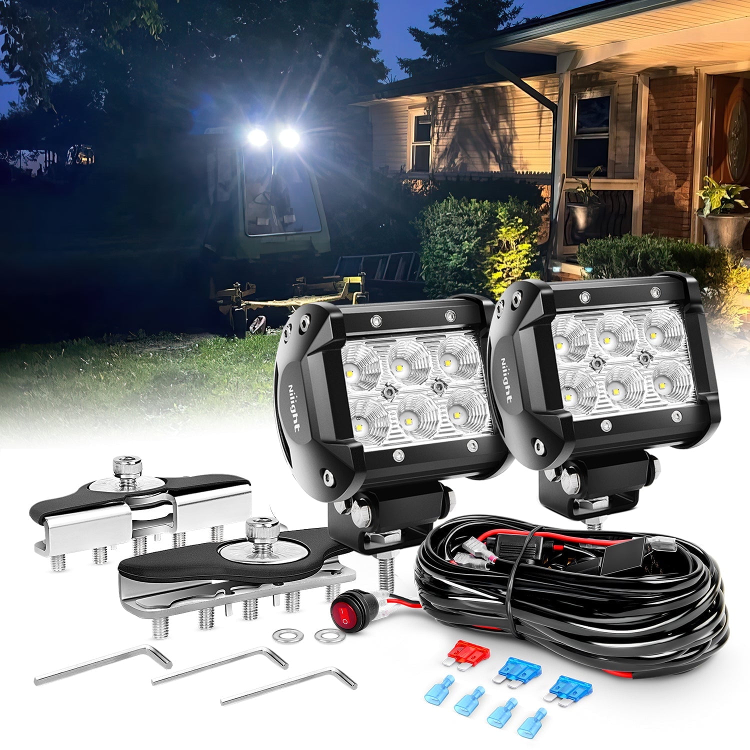 Nilight 2Pcs 4inch 18W Spot led Pods Universal Adjustable Pillar Hood ...