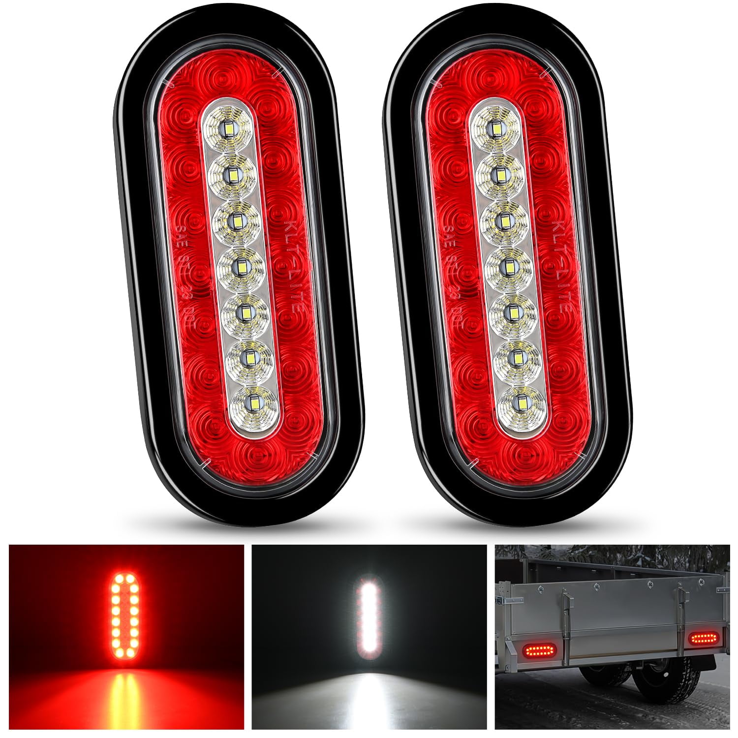 Nilight 2PCS 6Inch Oval SSF20 LED Trailer Tail Lights Red White 23LEDs w/Flush Surface Mount ...