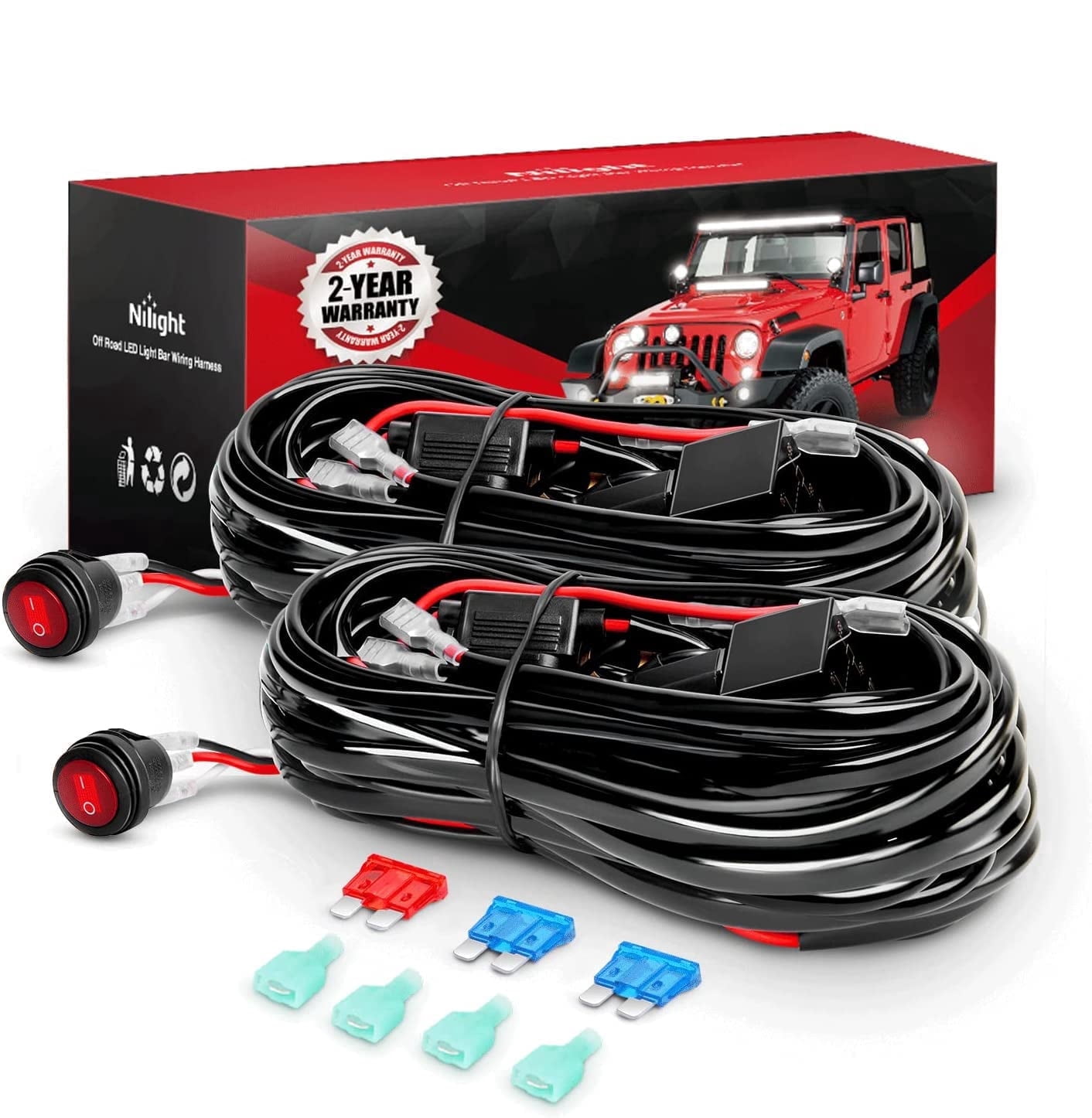 Nilight 2PCS 16AWG LED Light Bar Wiring Harness Kit - 2 Leads 12V On ...