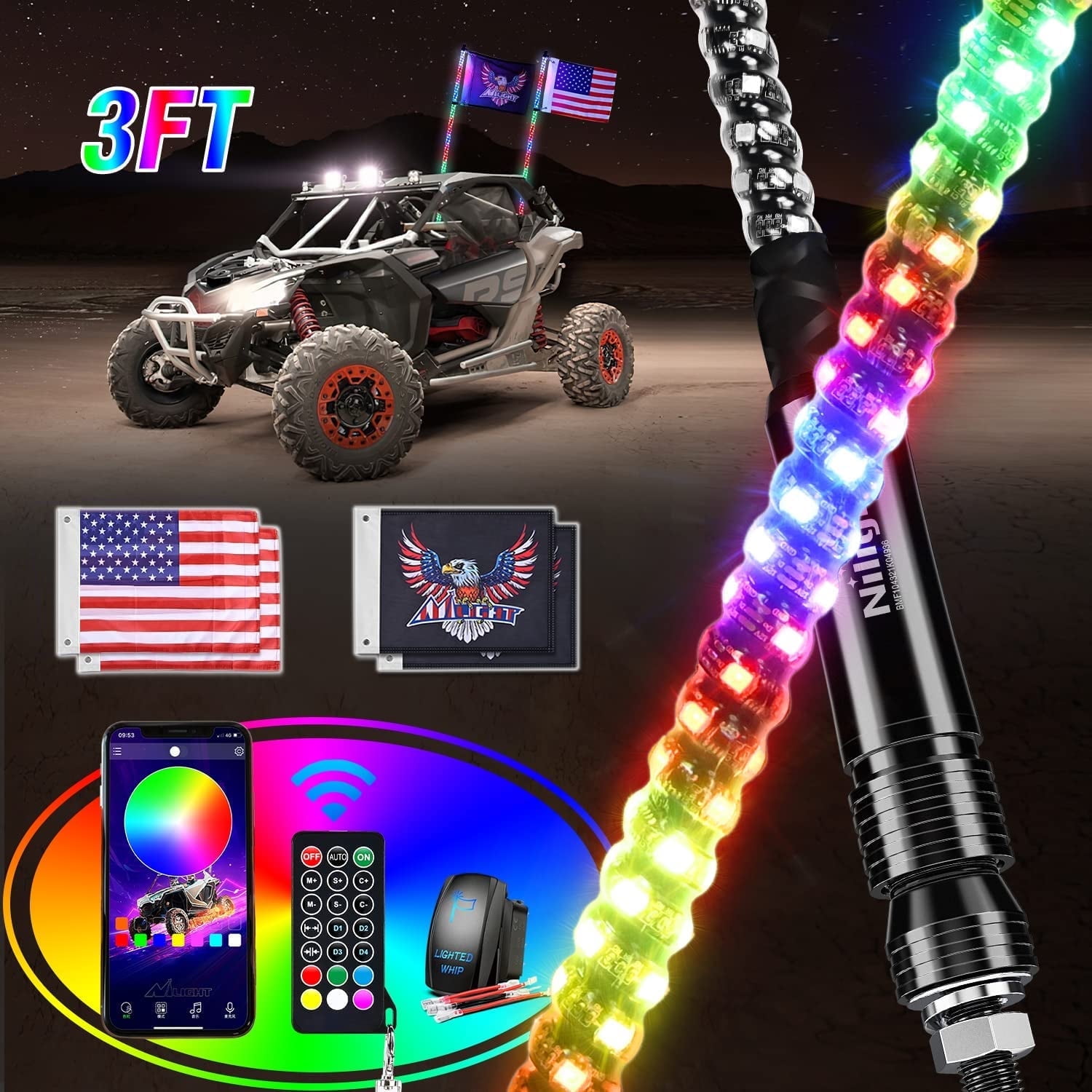 Nilight 2Pcs 3FT RGB Led Whip Light, Remote & App Control w/DIY Chasing ...