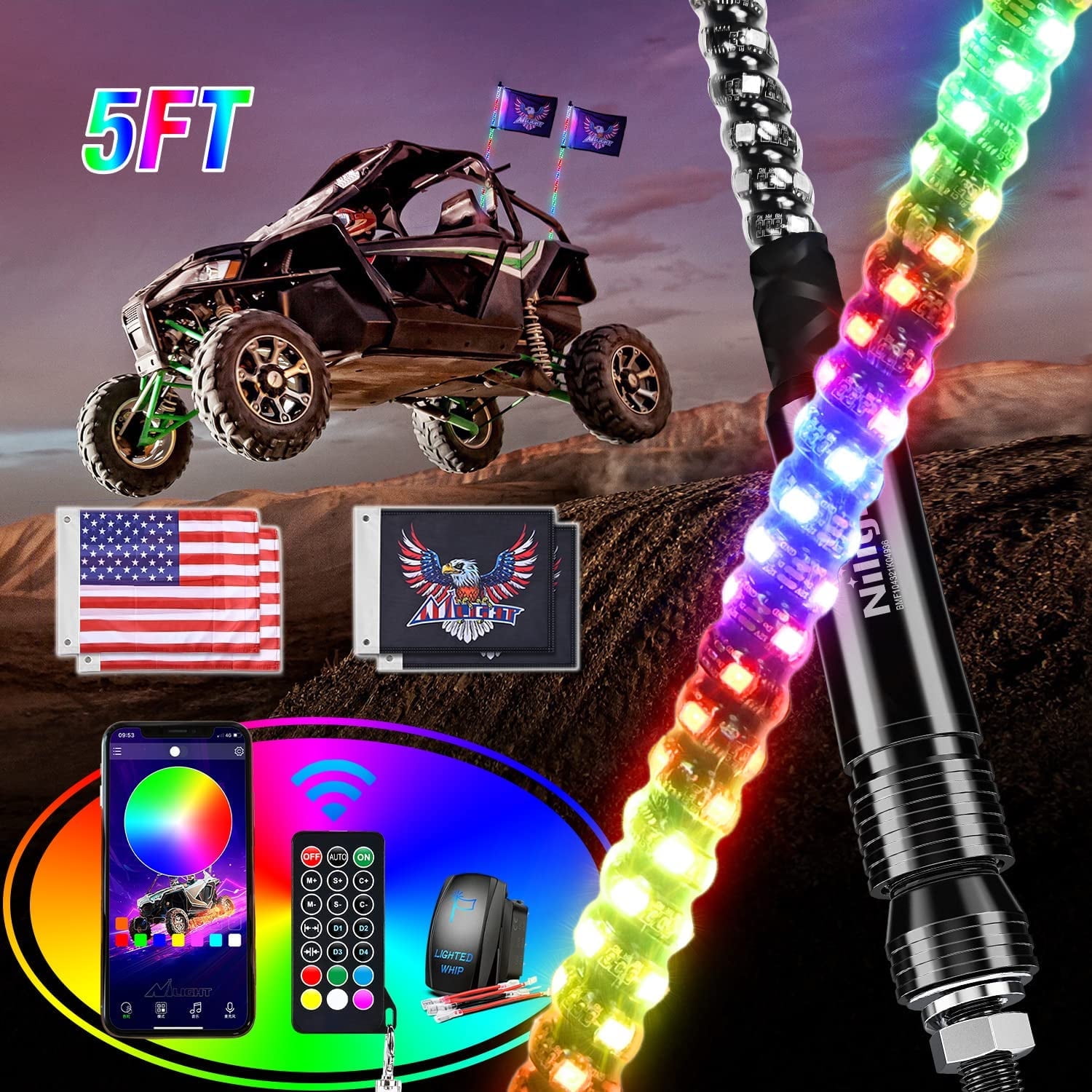 Nilight 2Pcs 5FT RGB Led Whip Light, Remote & App Control w/DIY Chasing ...