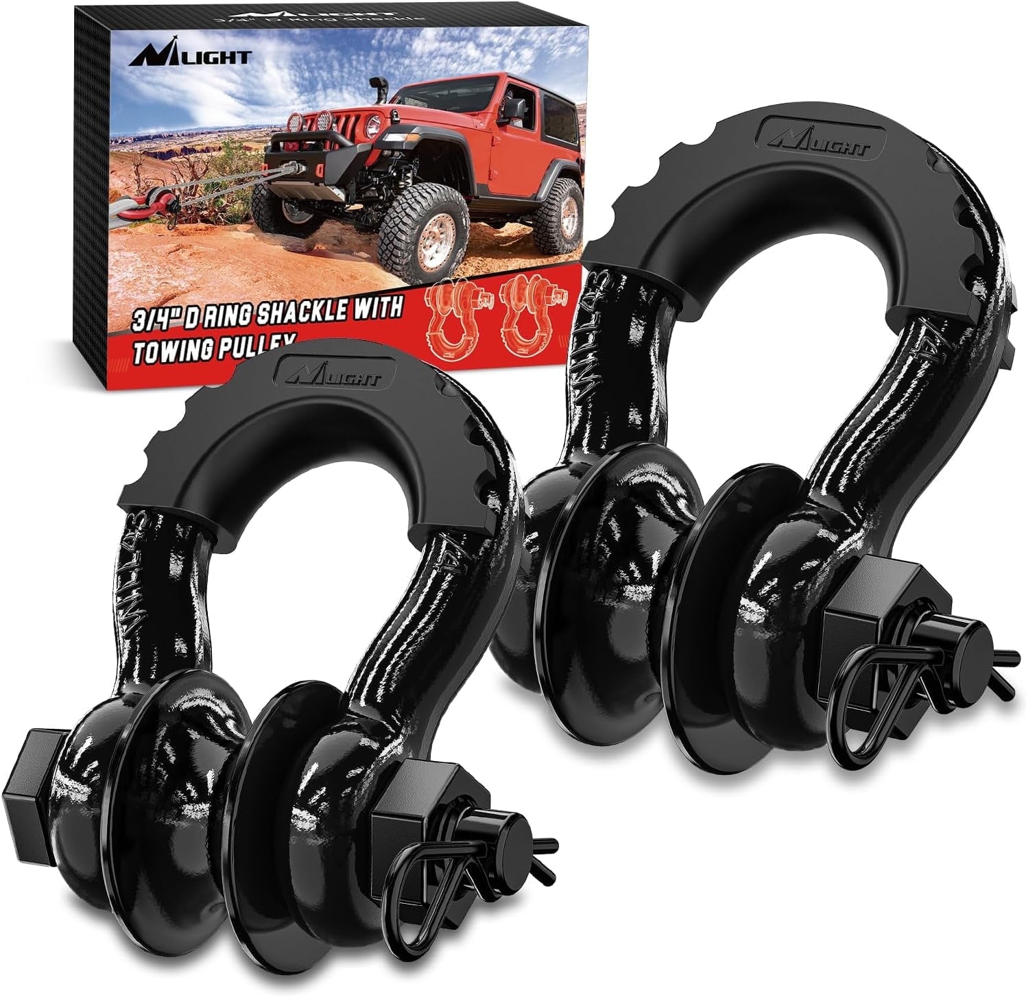 Nilight 3/4" D Ring Shackle with Towing Pulley 2 Pack 4.75 Ton (9500 ...