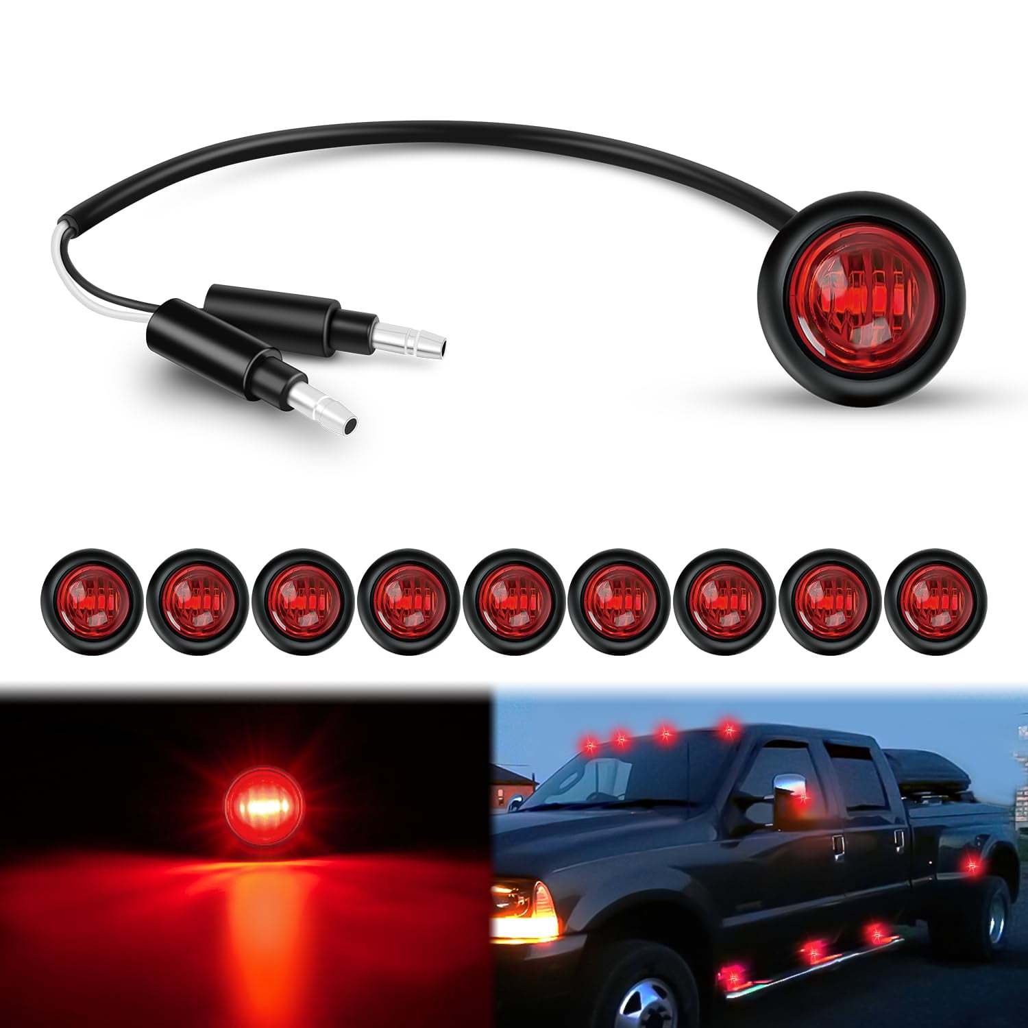 Nilight 3/4Inch Round Marker Light 10PCS Red LED Clearance 2 Connectors ...