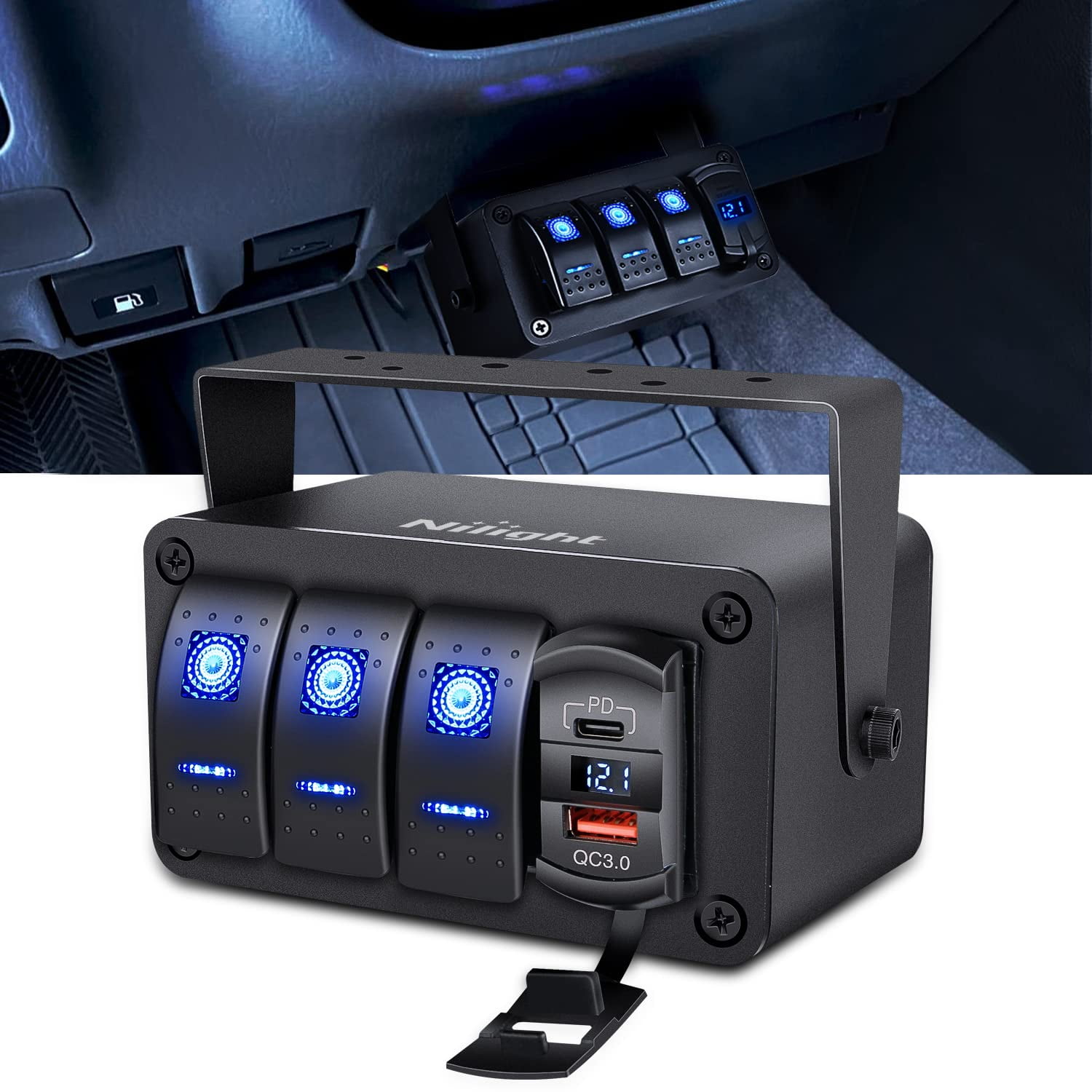 Nilight 3 Gang Rocker Switch Panel Blue Backlit with PD Type C and USB ...
