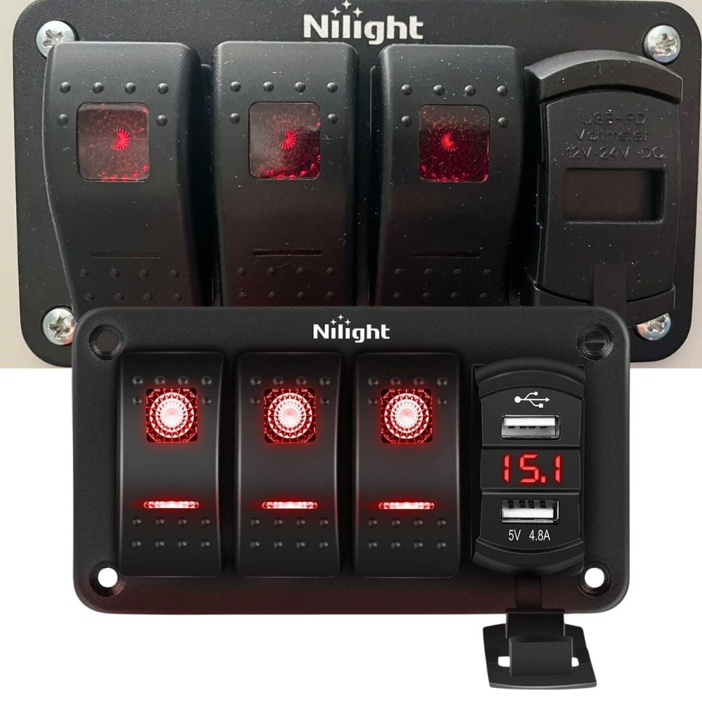 Nilight 3 Gang Rocker Switch Panel Green Backlit with 4.8 Amp Dual USB ...