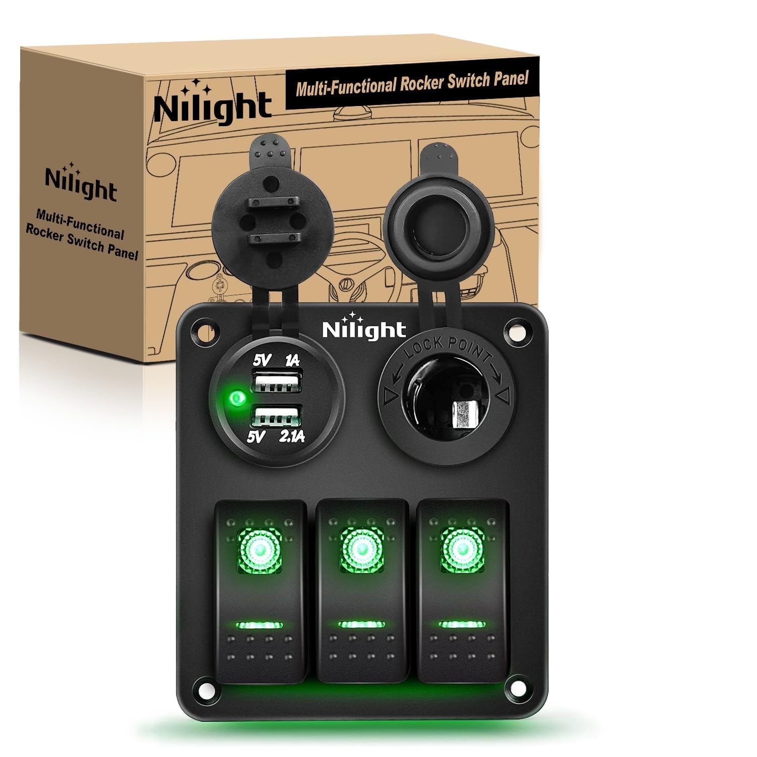 Nilight 3 Gang Rocker Switch Panel with USB Charger and Cigar Lighter ...