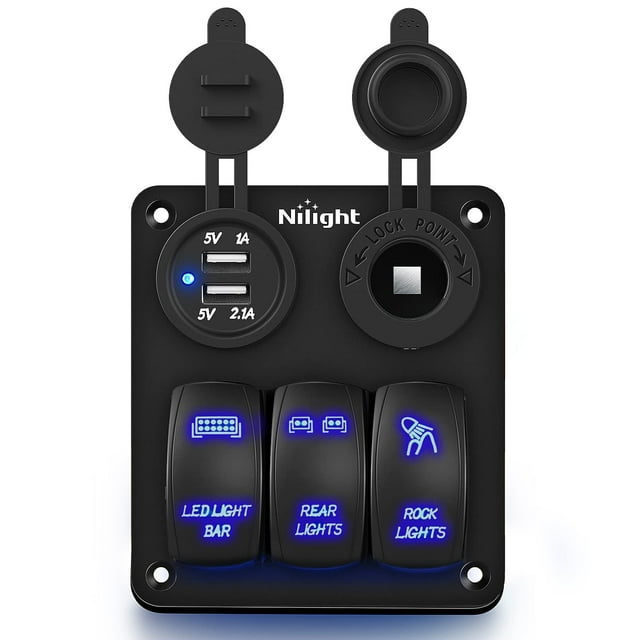 Nilight 3 Gang Rocker Switch Panel with USB Charger and Cigarette ...