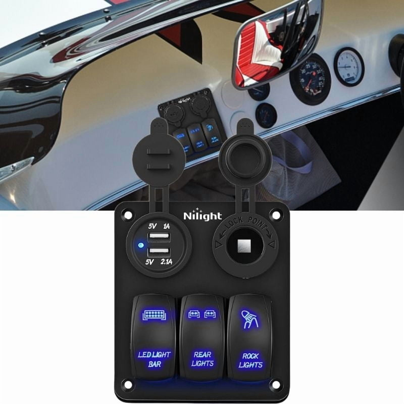 3 Gang Rocker Switch Panel with USB Charger and Cigarette Lighter 12V ...