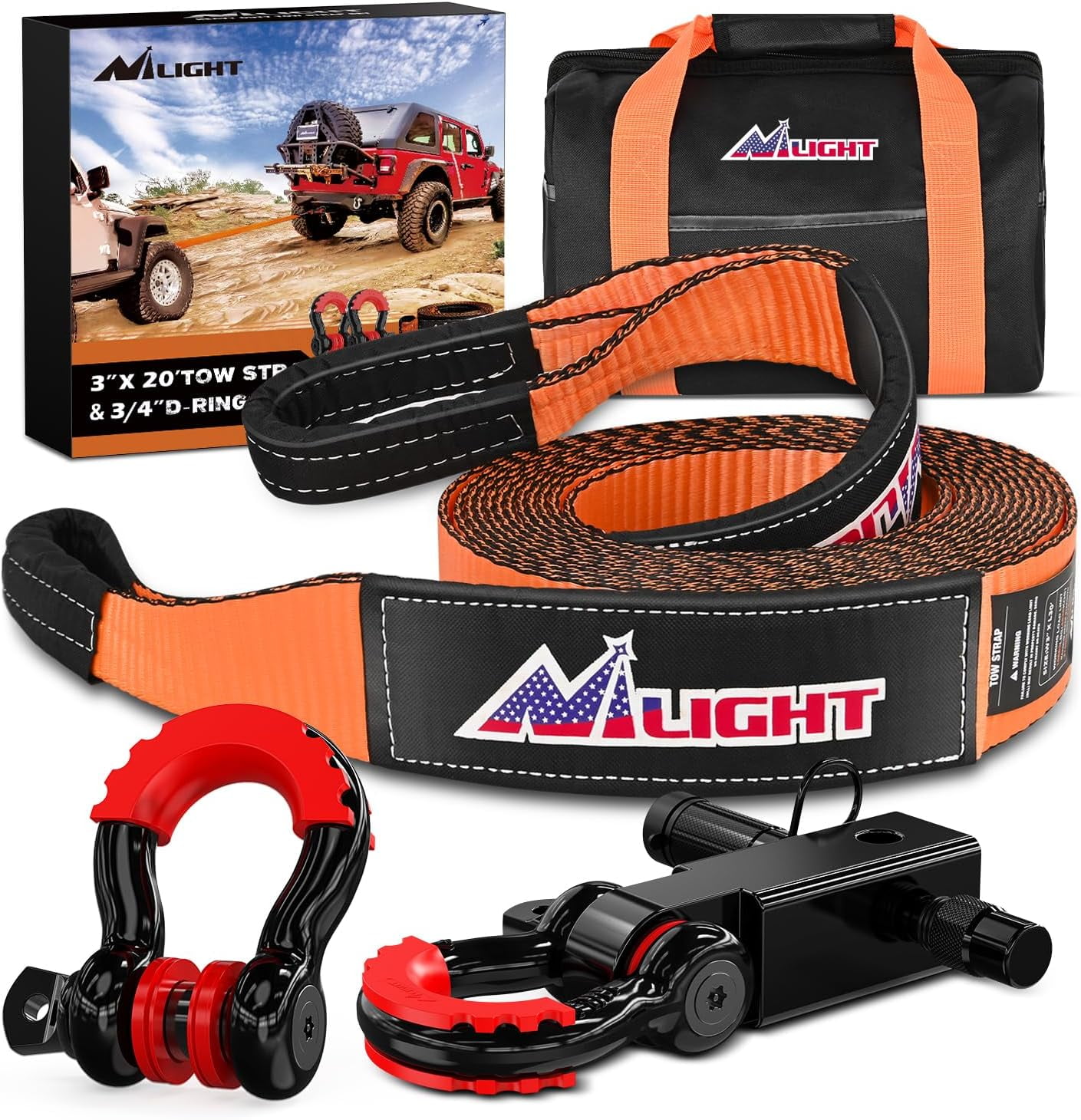 Nilight Recovery Tow Strap Kit 3‚Äù x 20‚Äô with Anti-Theft D-Ring ...