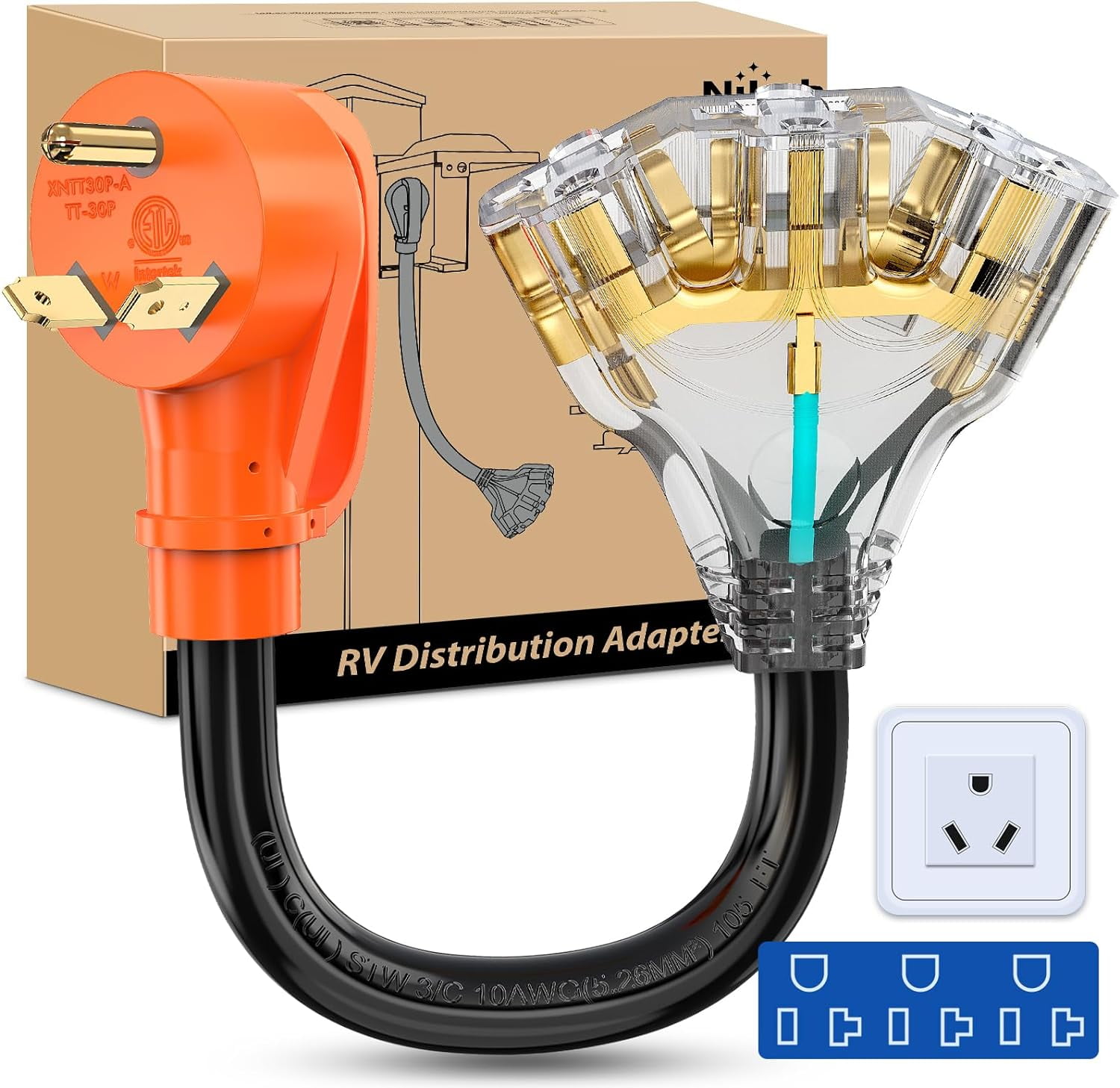Nilight 30 Amp to 110V RV Adapter Cord 30 A to 15A RV Distribution Adapter Cord 3 Prong TT-30P ...