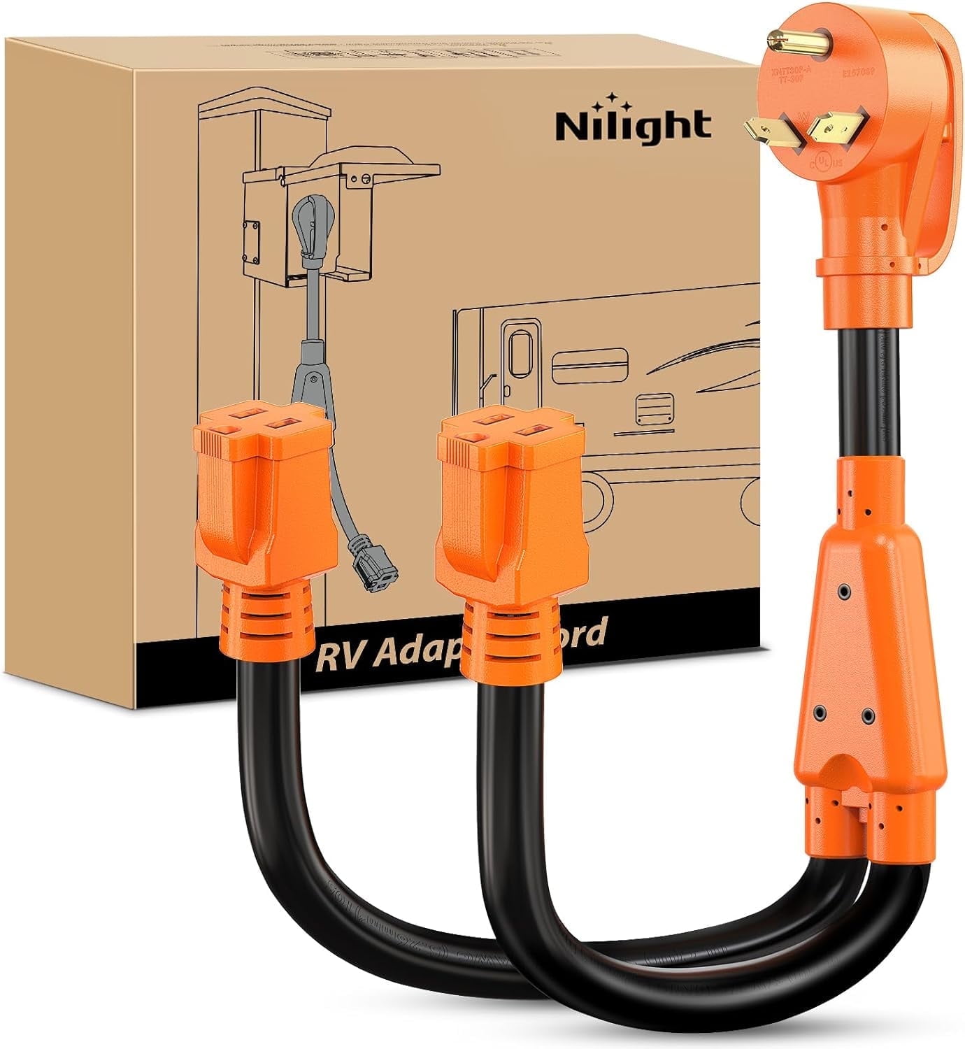 Nilight 30 Amp to 15 Amp RV Y Splitter Adapter Cord 30A Male Plug to Two 15A Female 110V ...