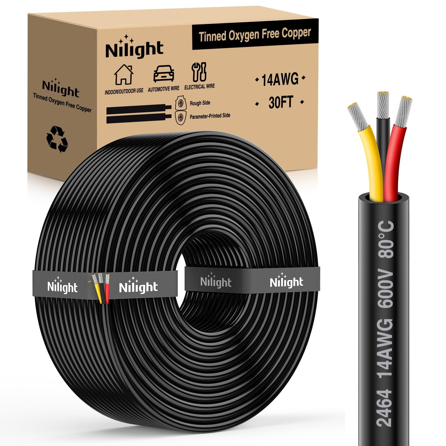 Nilight 30FT 14 Gauge 3 Conductor Electrical Wire Tinned Oxygen Free ...