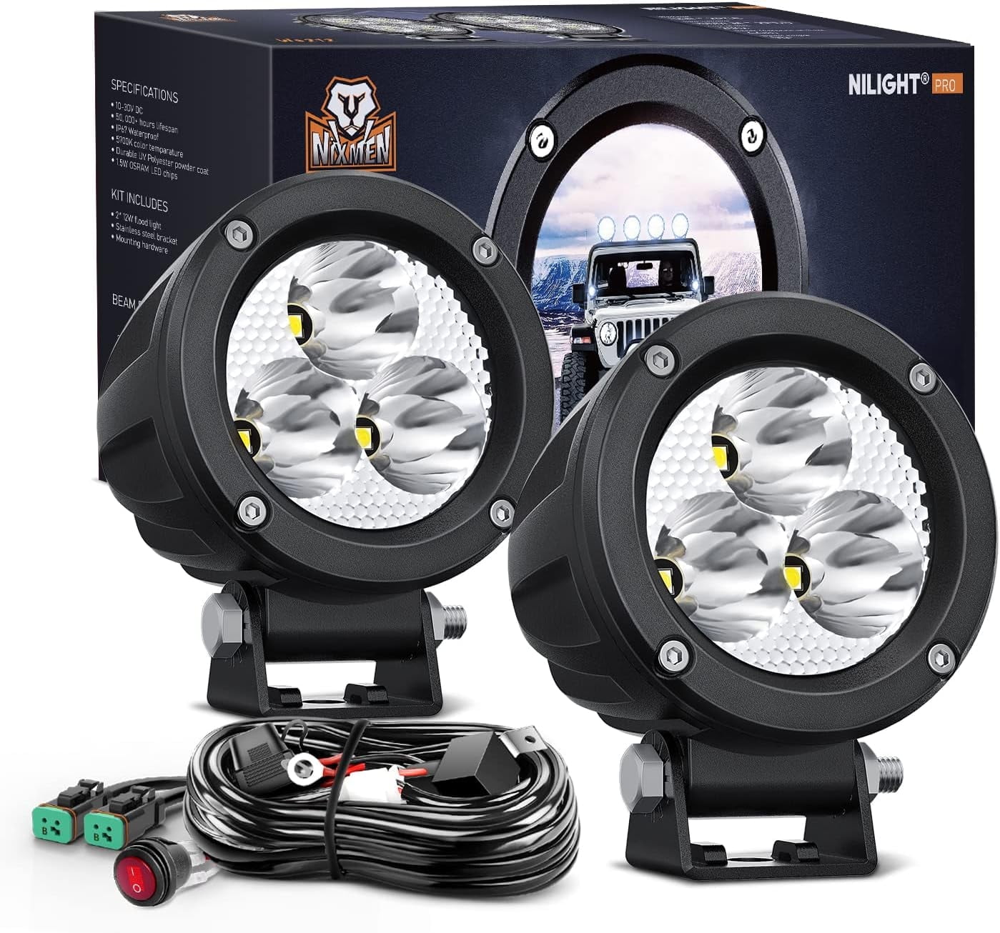 Nilight 3Inch Round Motorcycle Led Light Pods 2PCS Spot Led Fog Light ...