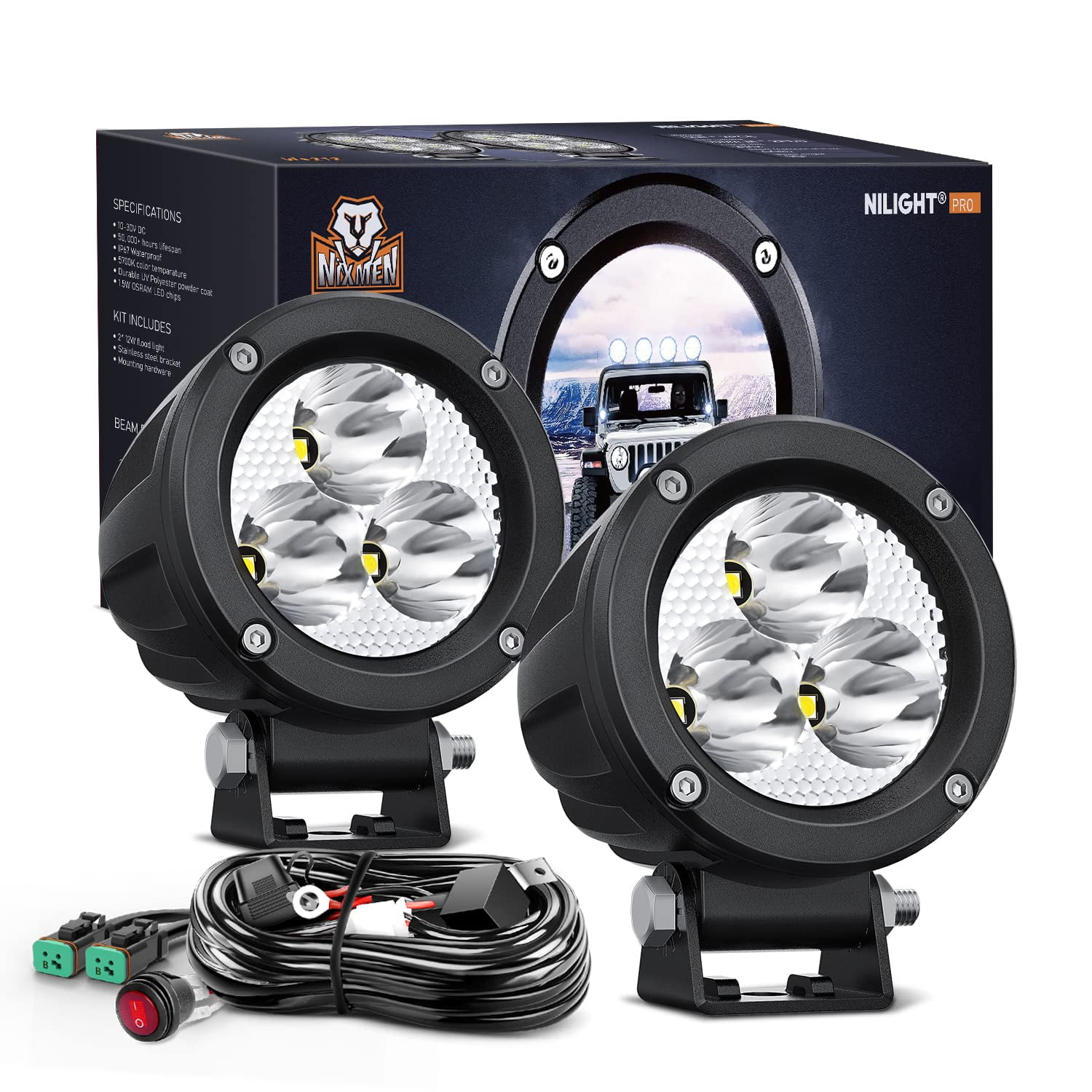 Nilight 3Inch Round Motorcycle RRF12 Led Light Pods 2PCS Spot Led Fog ...