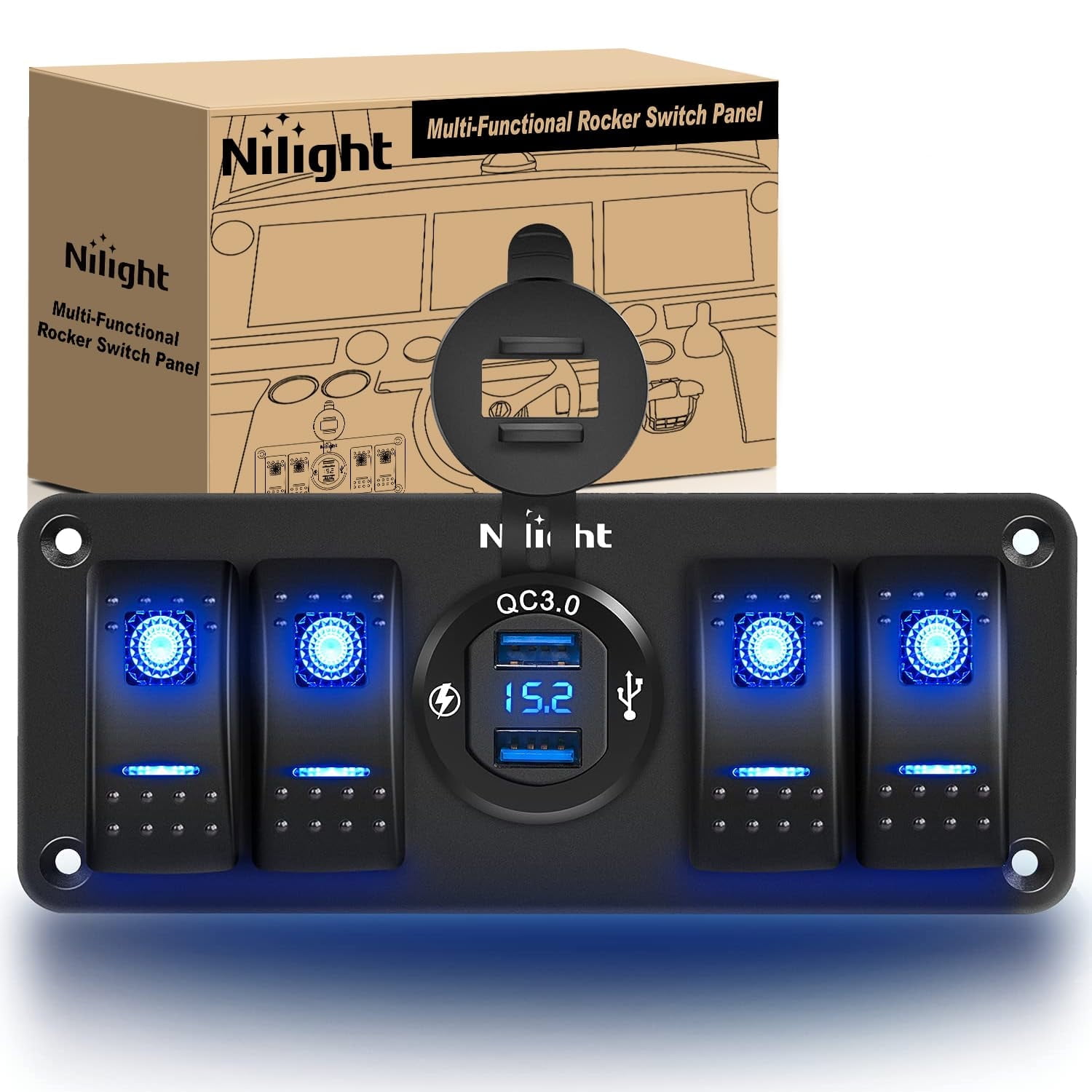 Nilight 4 Gang Rocker Switch Panel with USB Charger Voltmeter ...