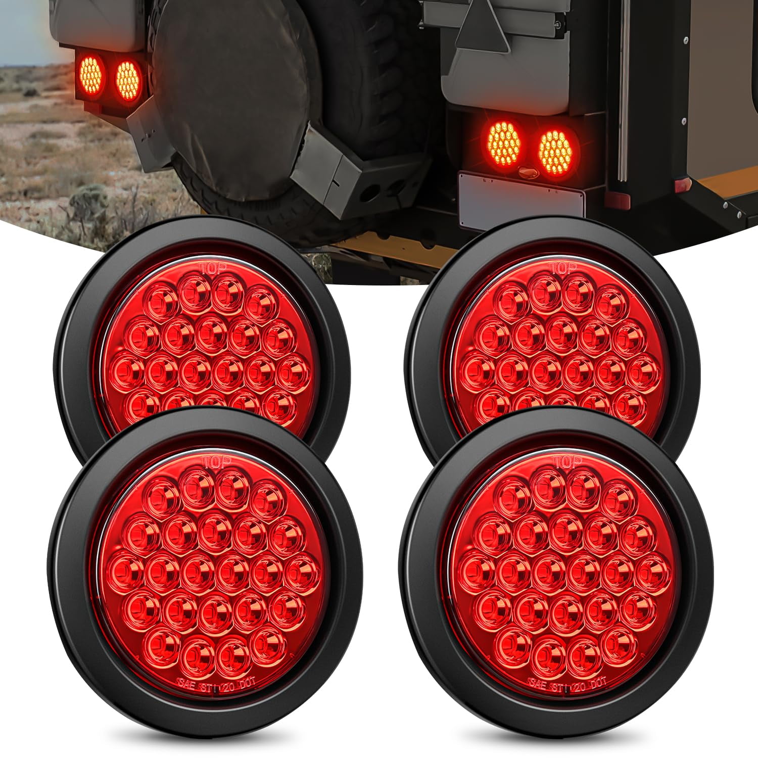 Nilight 4Inch Round Trailer Tail Light 4PCS 24LED Red Stop Brake Turn ...