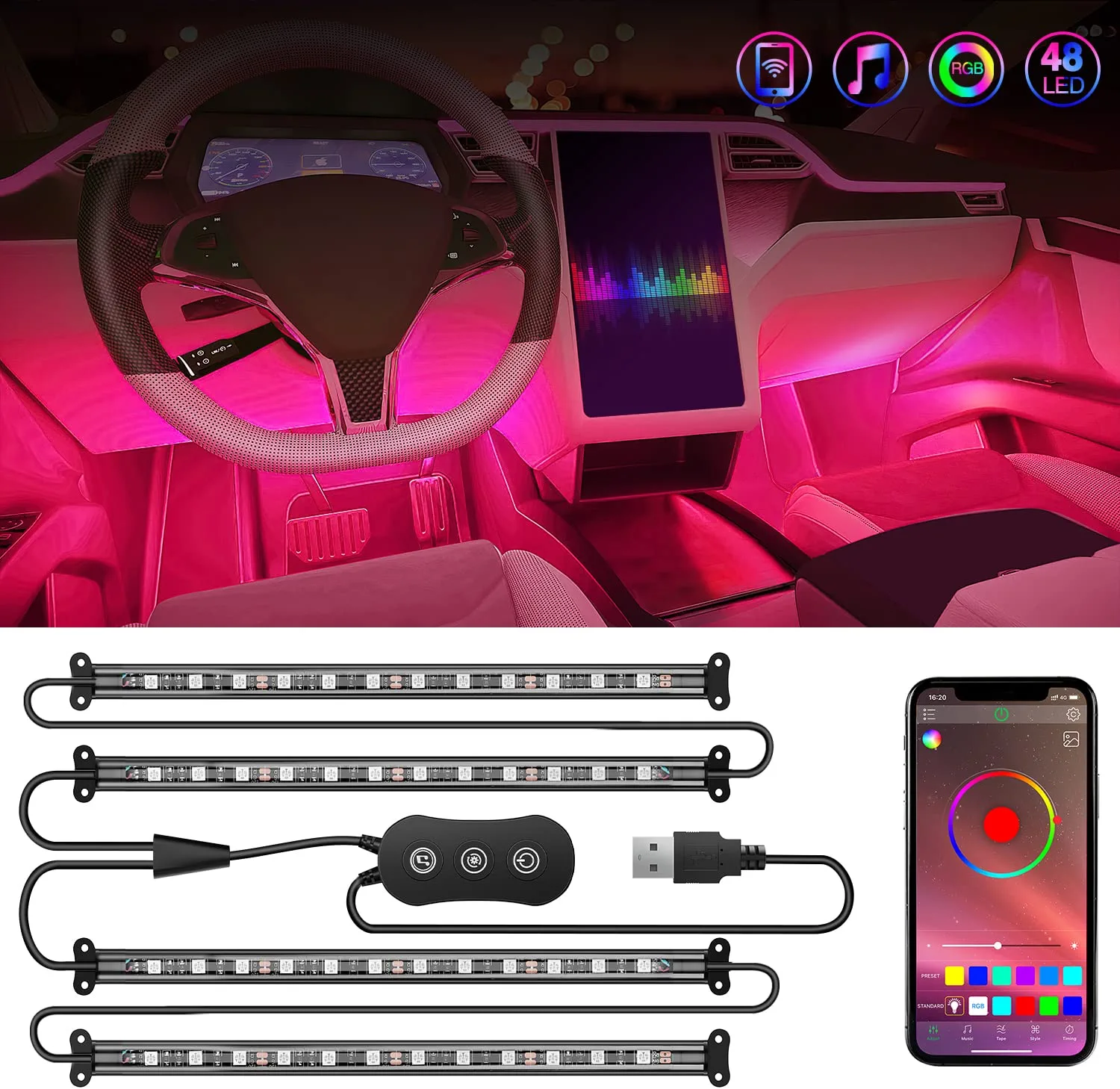 Nilight 4PCS USB Interior Car Lights 48 LEDs RGB LED Strips Lights with ...