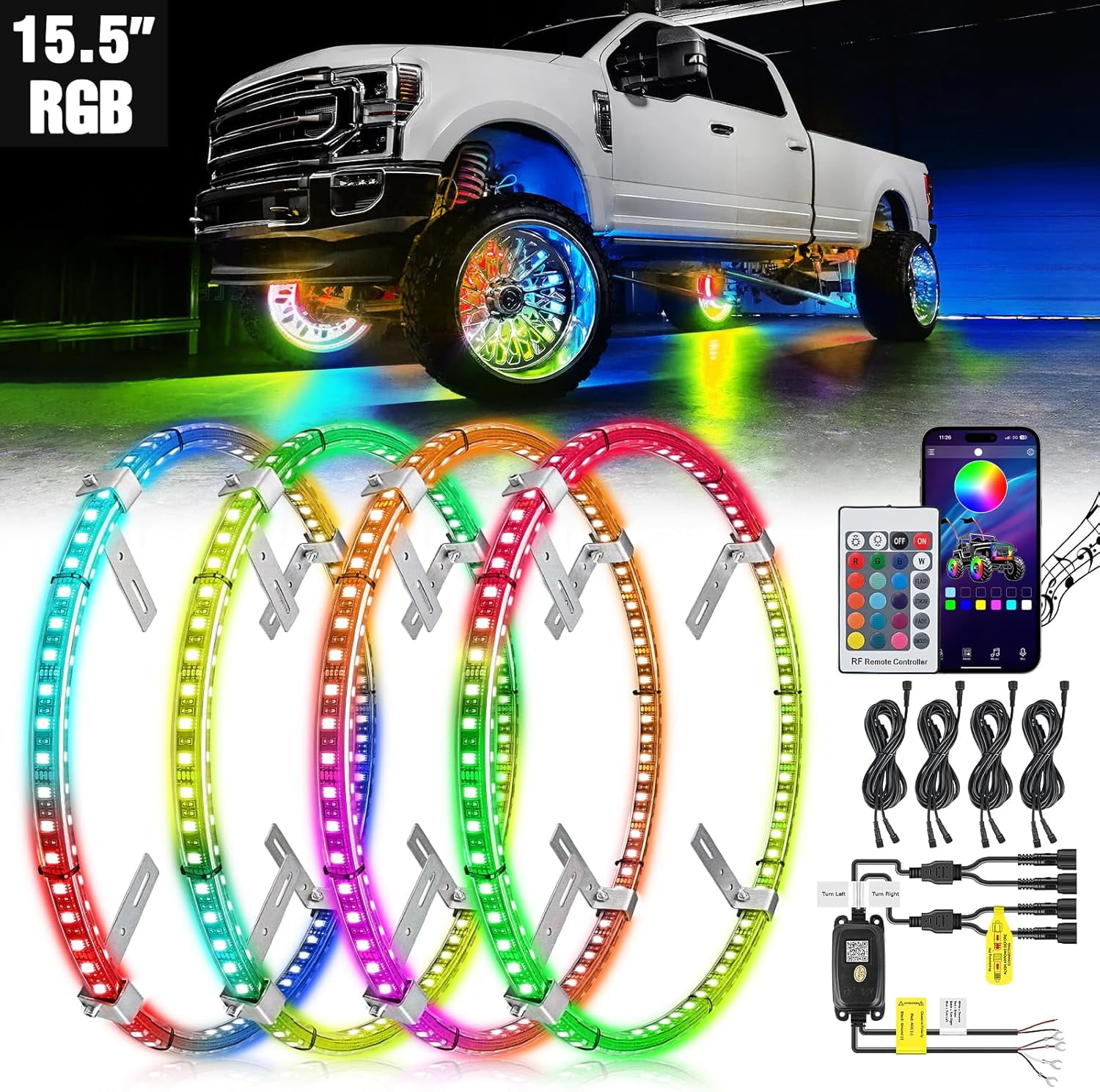 Nilight 4Pcs 15.5inch Double Row Led Wheel Ring Lights RGB with APP and ...