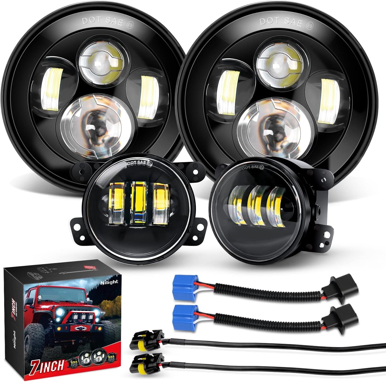 Nilight 4Pcs 7inch Round Cree Headlight and 4inch Fog Lights High Low ...