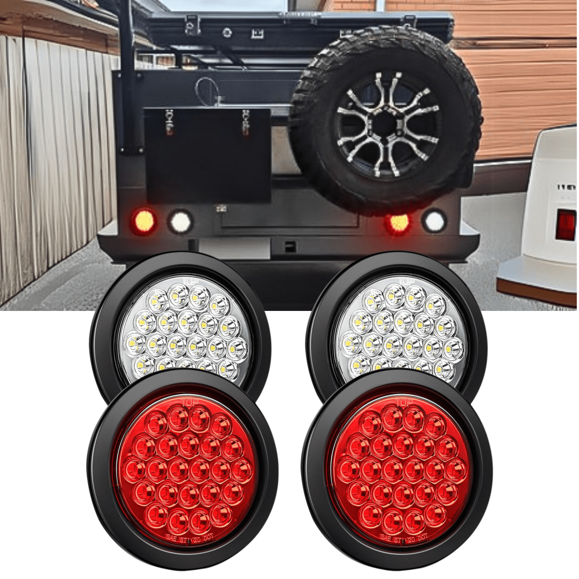 4 Pcs 4" Round White & Red Led Trailer Tail Lights IP67 Waterproo Brake ...