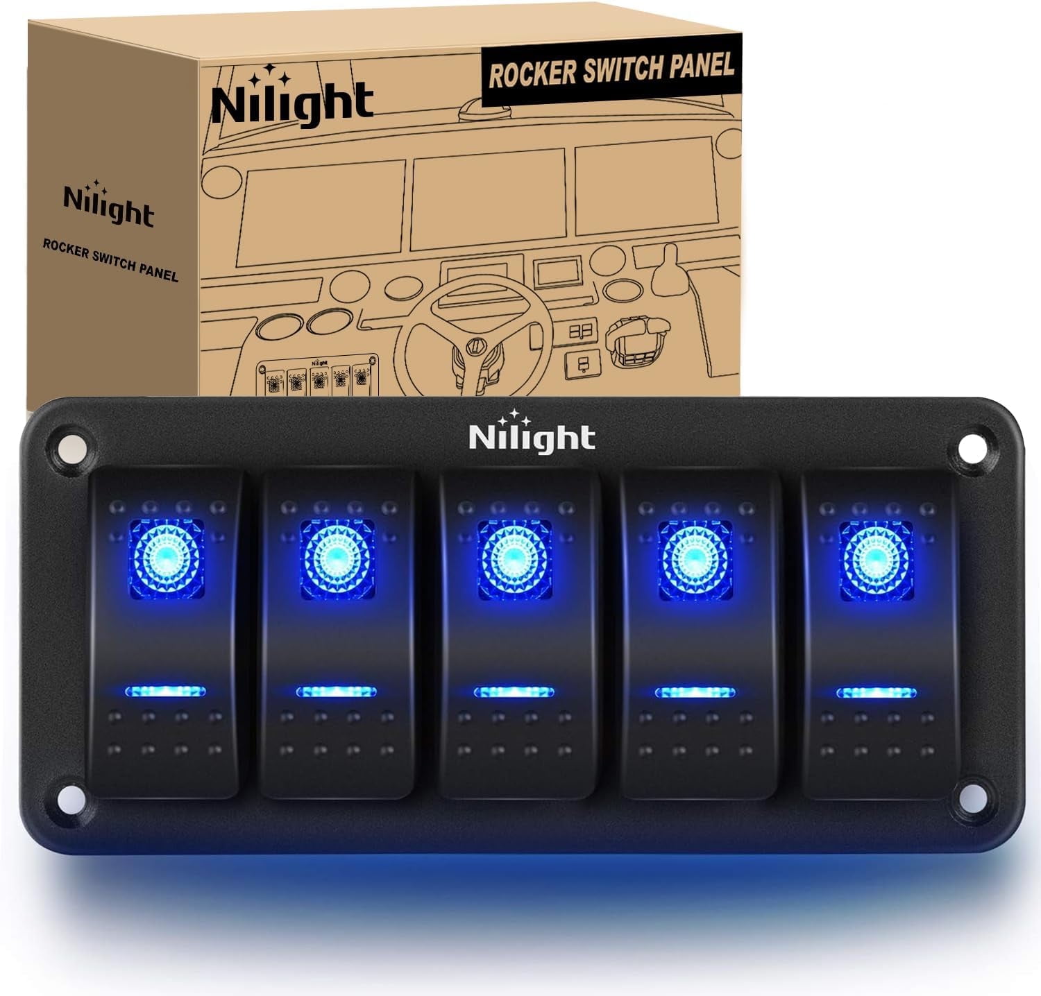 Nilight 5 Gang Aluminum Rocker Switch Panel Toggle Dash 5 Pin on off ...