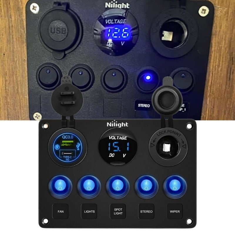 5 Gang Rocker Switch Panel with PD Type-C, USB Charger, Digital ...