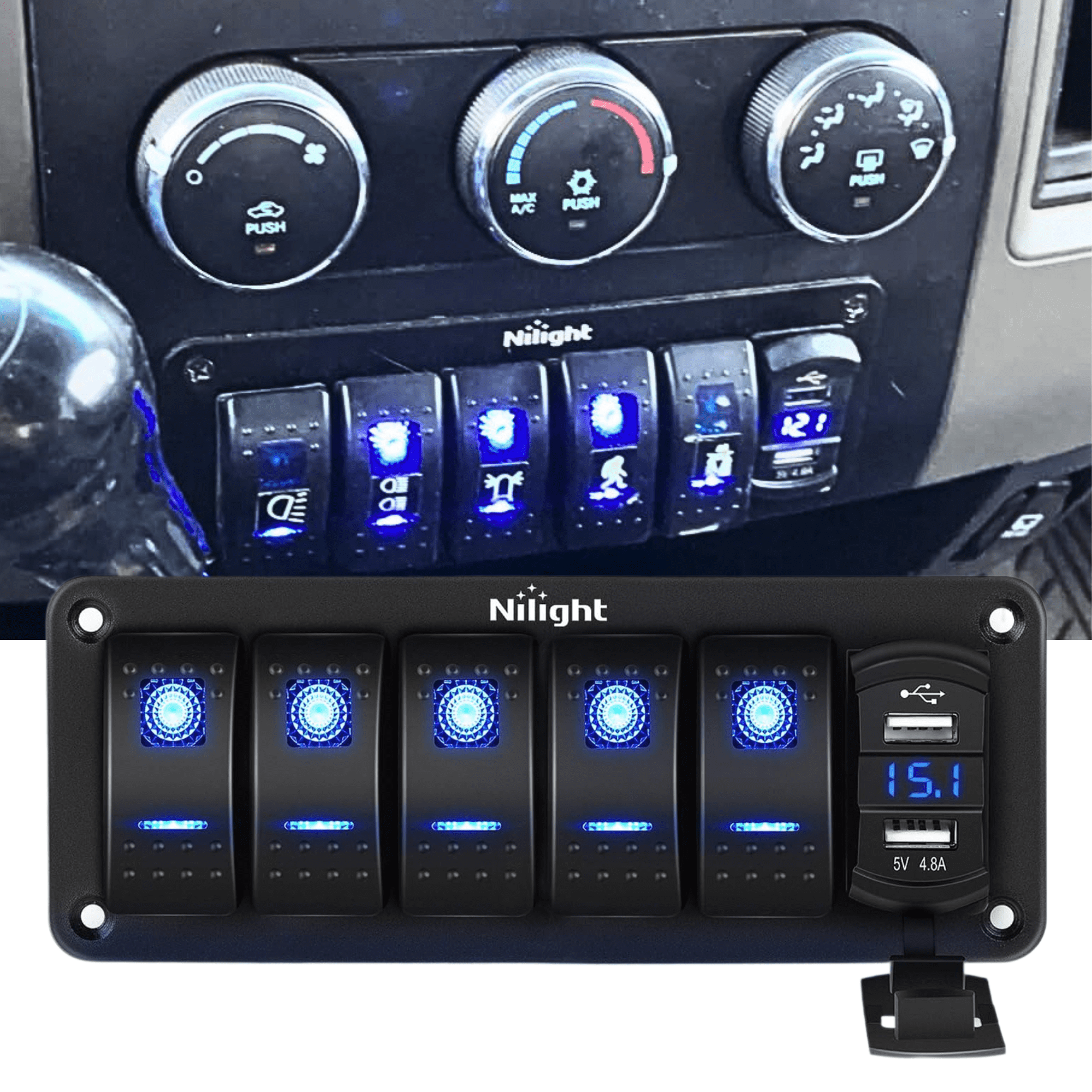 5 Gang Rocker Switch Panel with 4.8 Amp Dual USB Charger Voltmeter ...